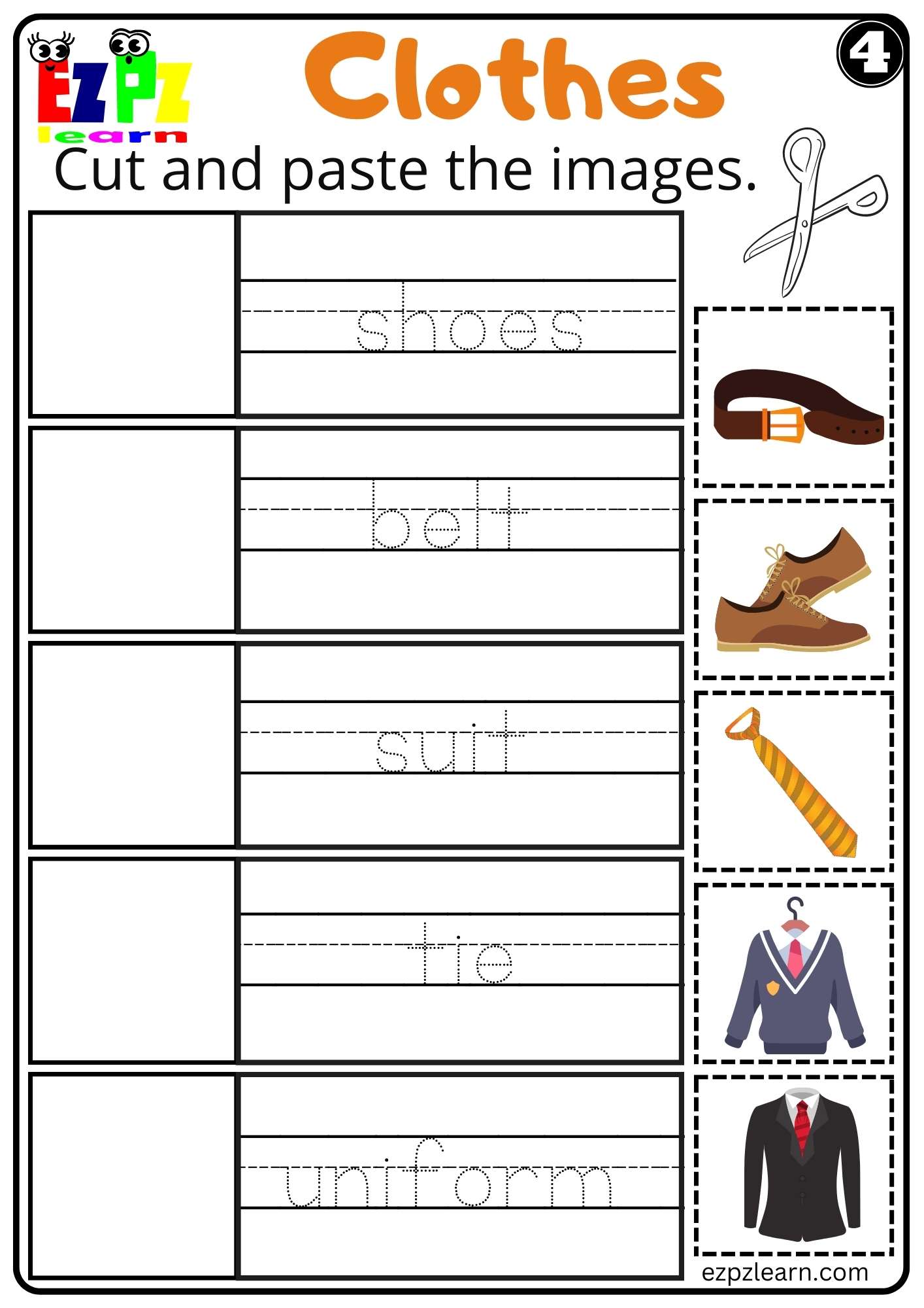 Clothes Cut and Paste Worksheet for Kindergarten K5 and ESL set 4 ...