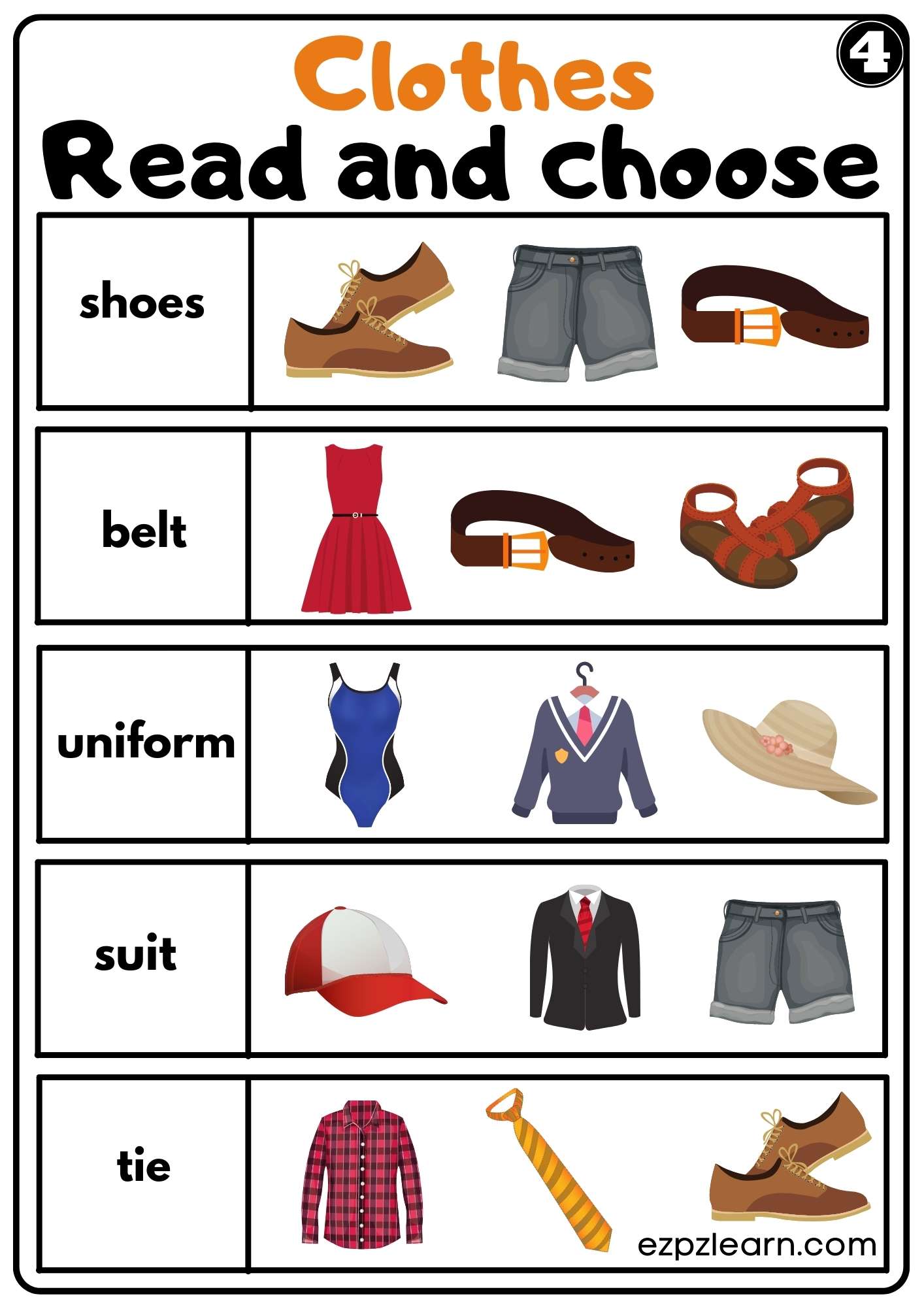 Clothes Read and Choose Worksheet for Kindergarten K5 and ESL set 4 ...