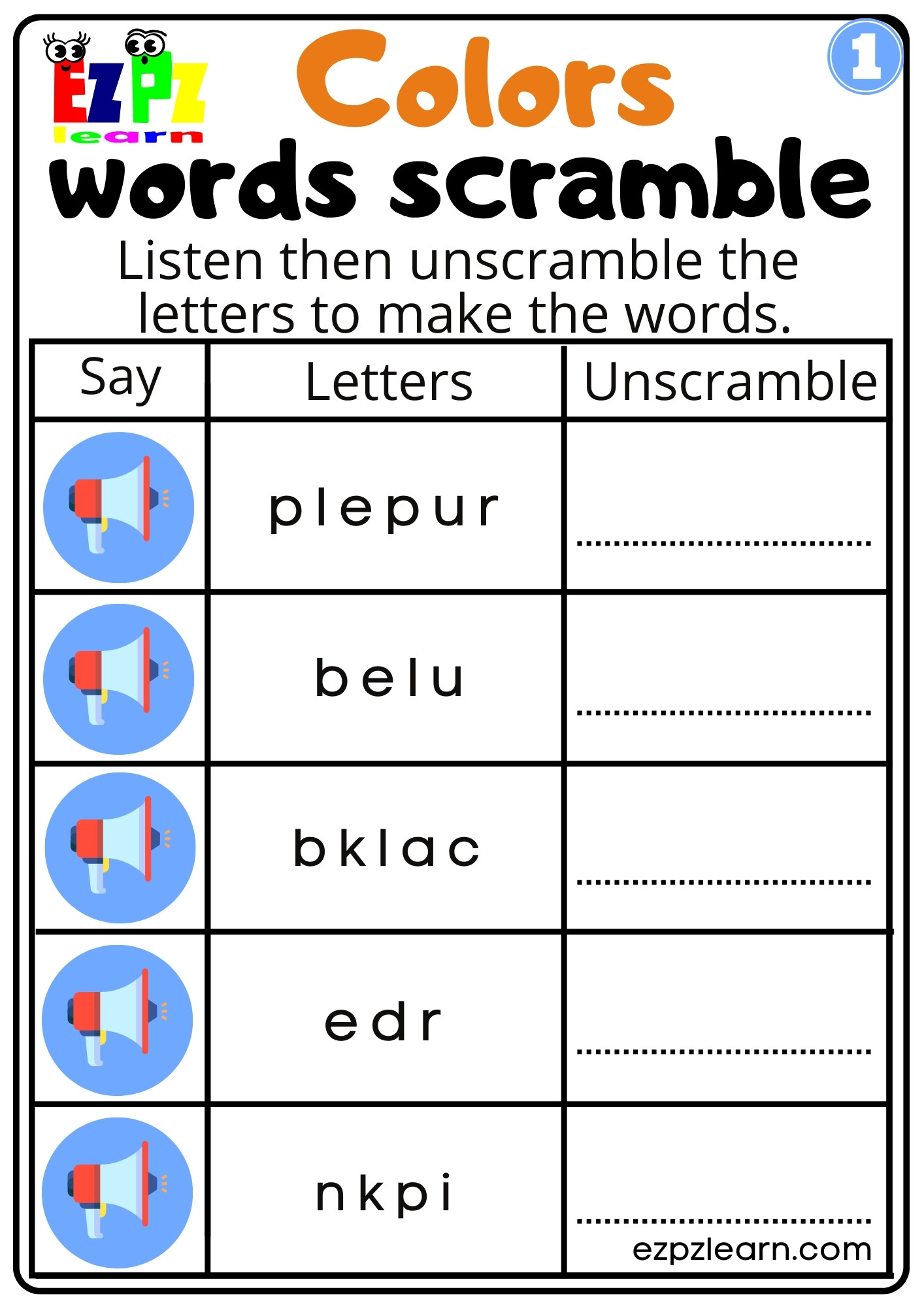 Interactive Colors Worksheet Listen, Unscramble and Write the Words ...