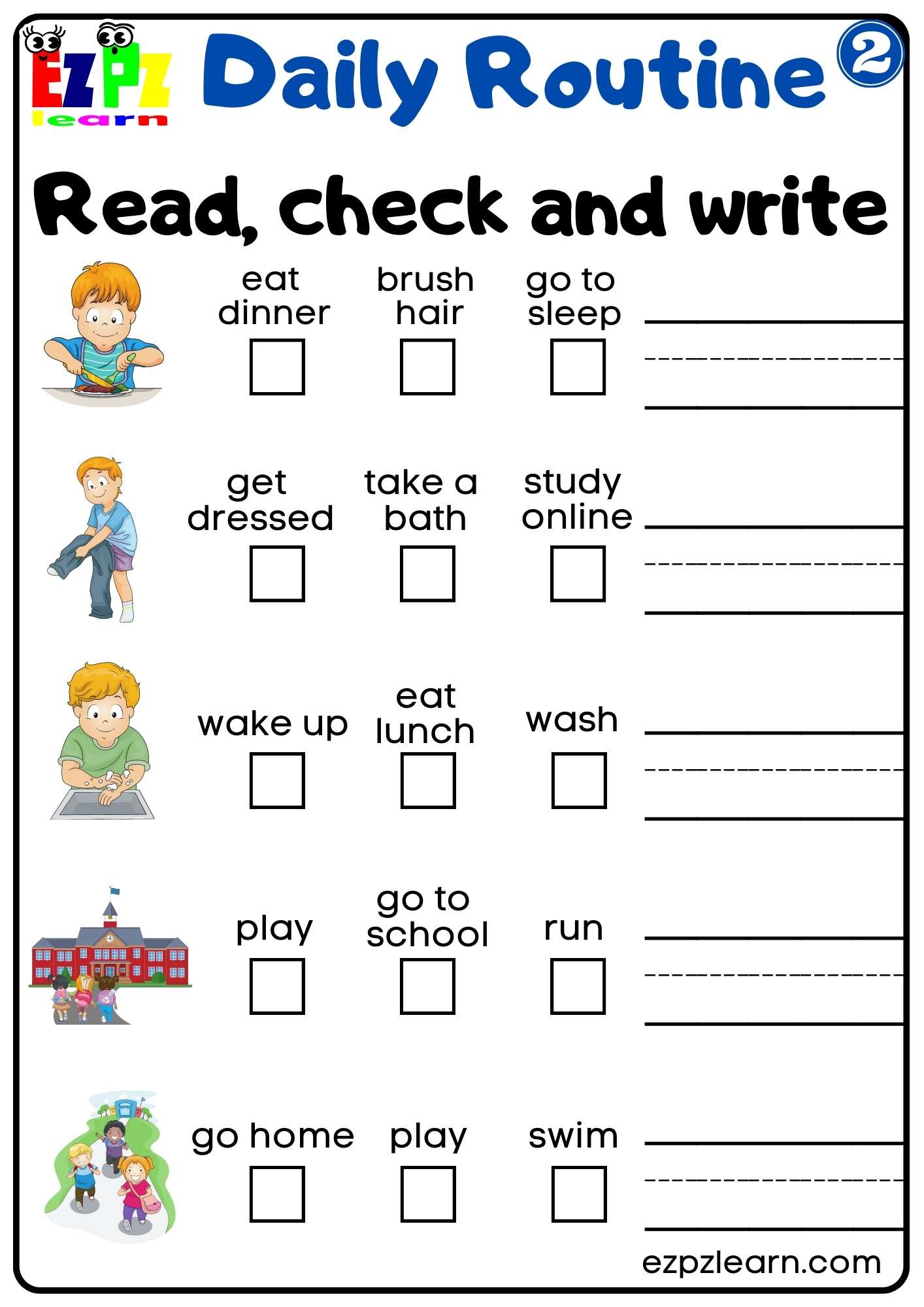 Daily Routines Group 2 Read Check and Write Worksheet For Children and ...