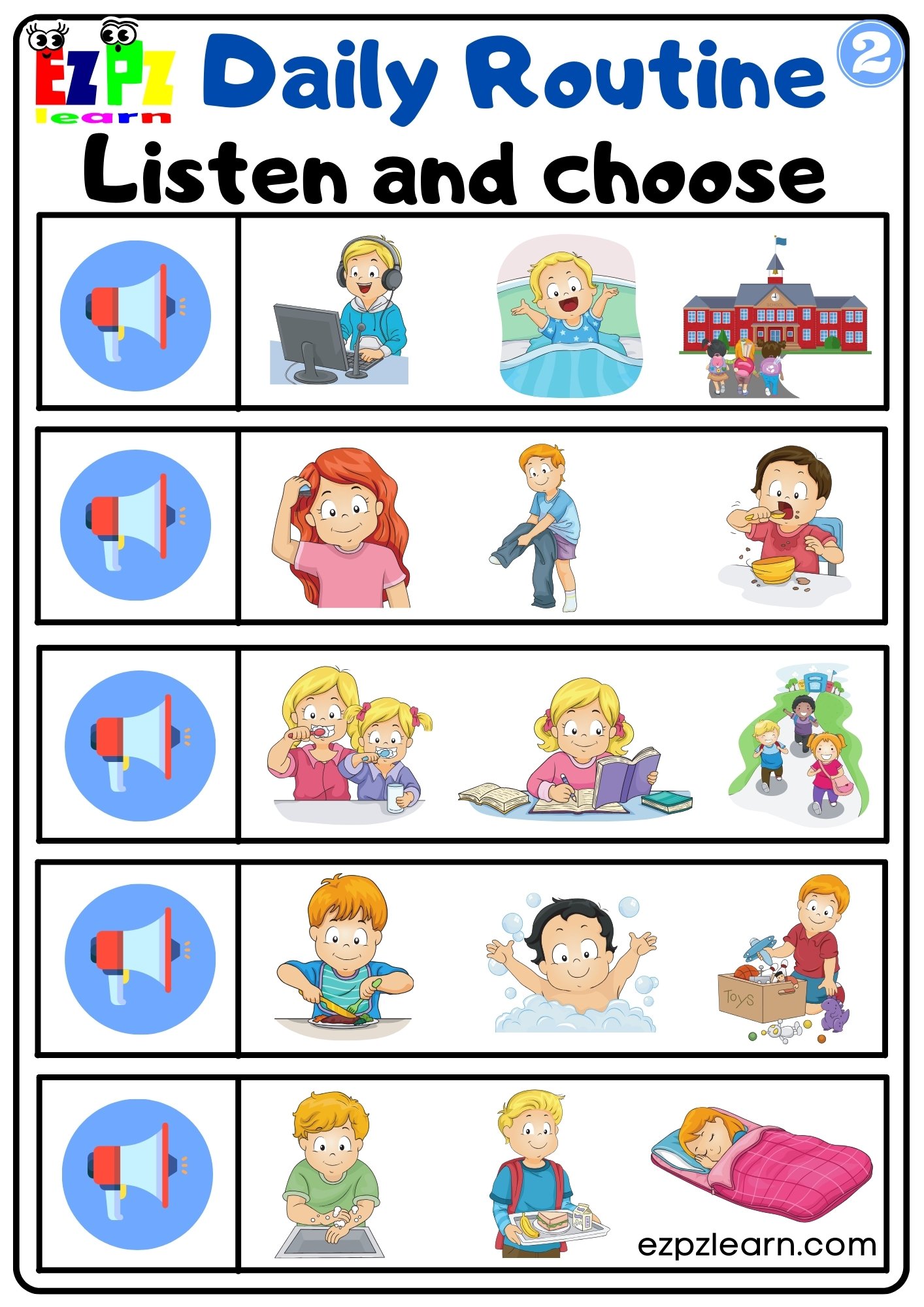 Interactive Daily Routine Vocabulary Worksheet Listen and Choose the ...