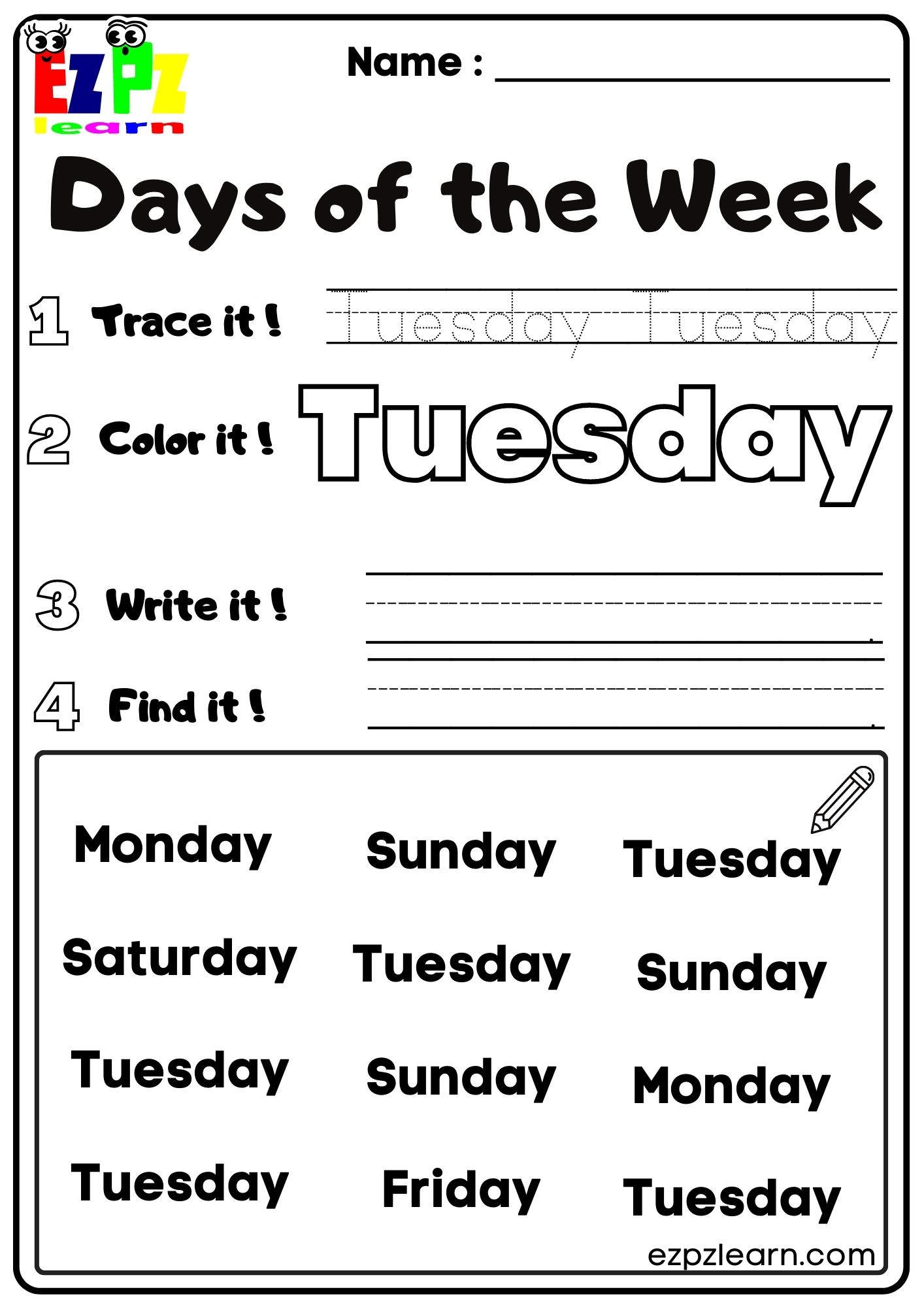 Days of the Week - Ezpzlearn.com