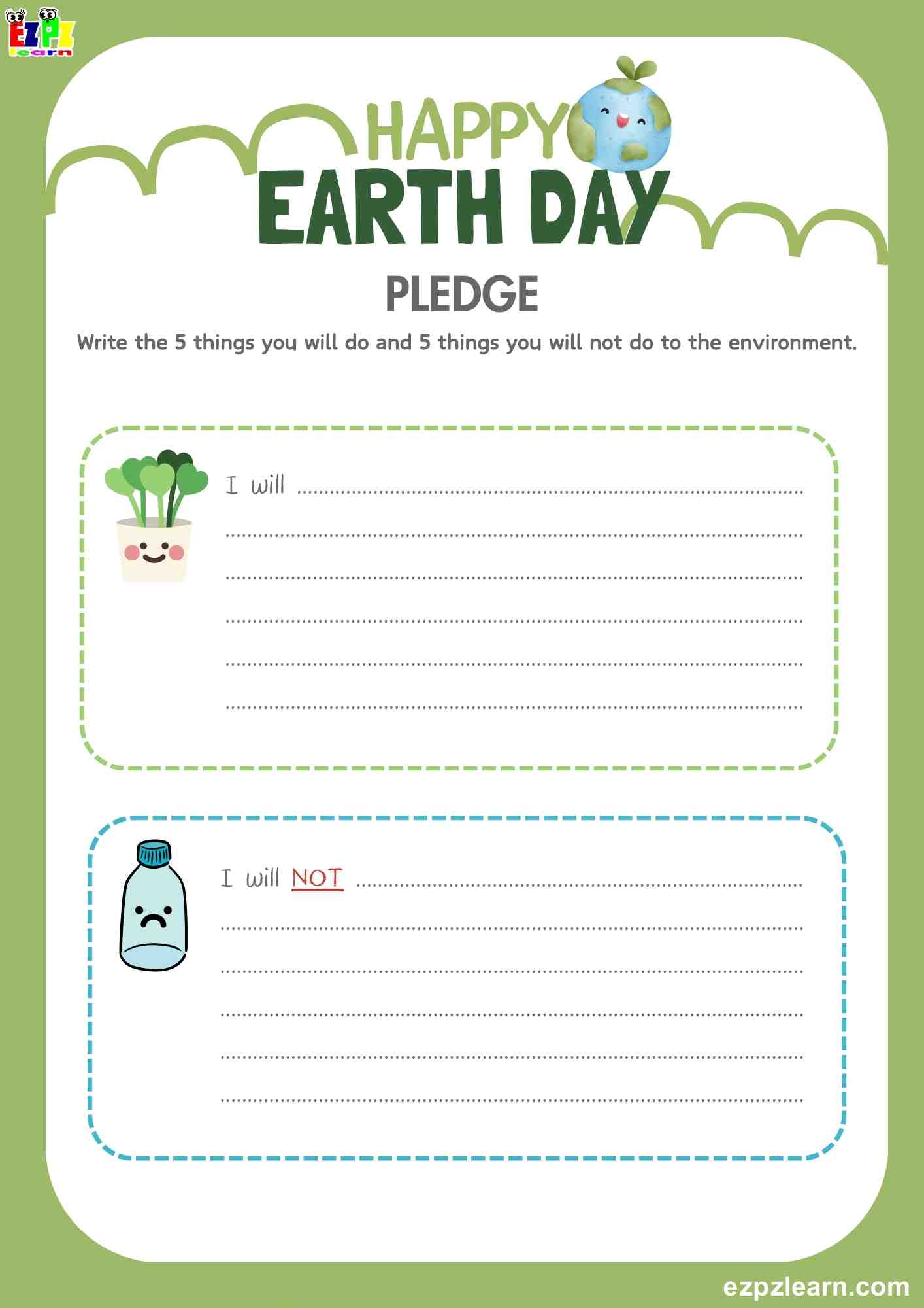 Happy Earth Day Pledge for Kids Free Printable PDF - Ezpzlearn.com