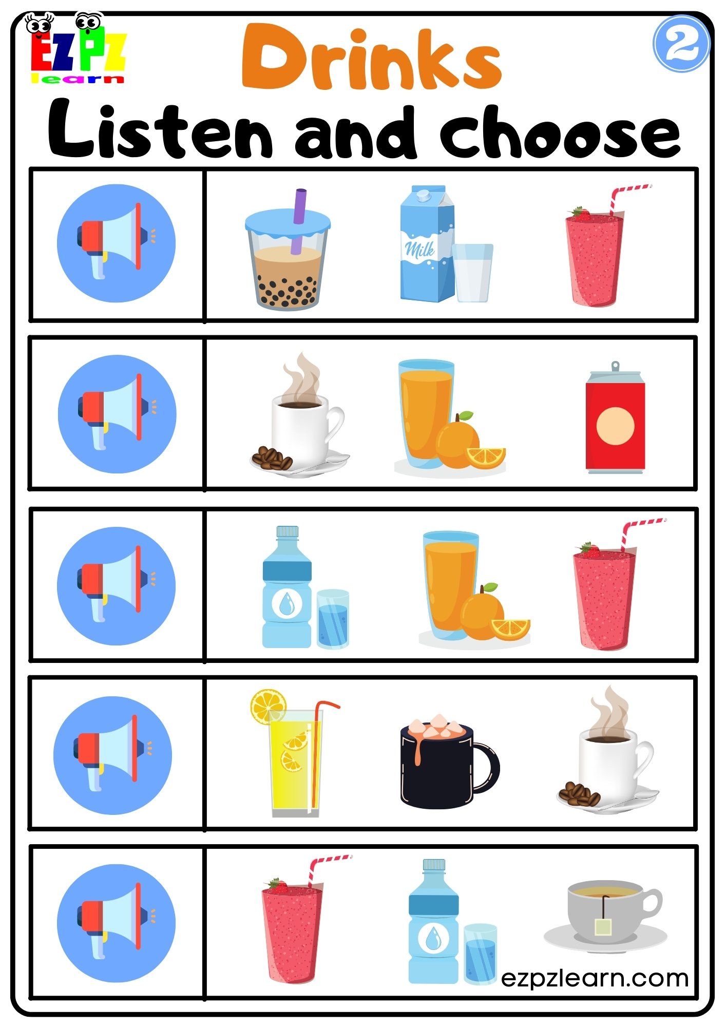 Interactive Drinks Vocabulary Worksheet Listen, and Choose the Correct ...