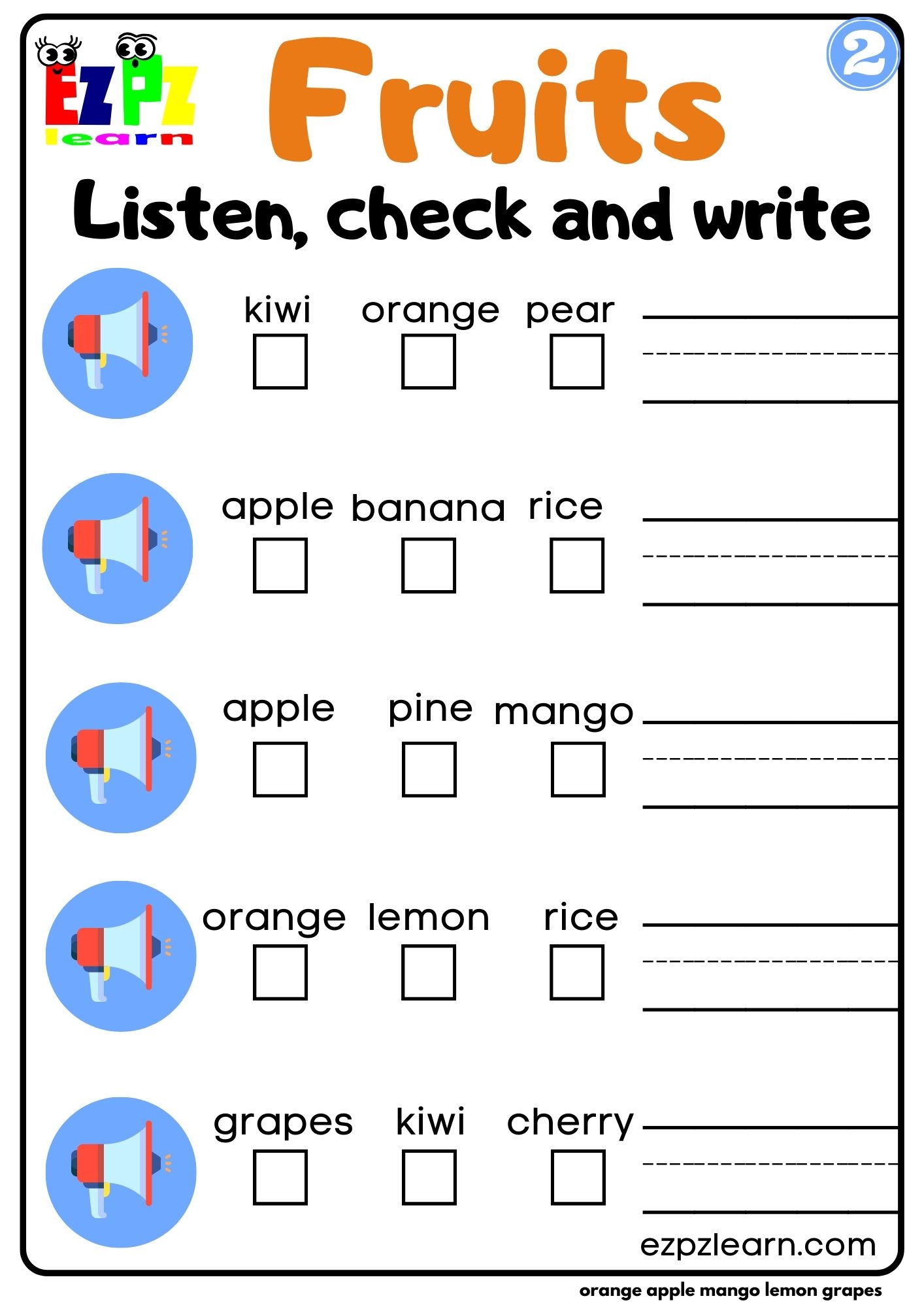 Interactive Fruits Worksheet Listen, Check and Write Activity for ESL ...