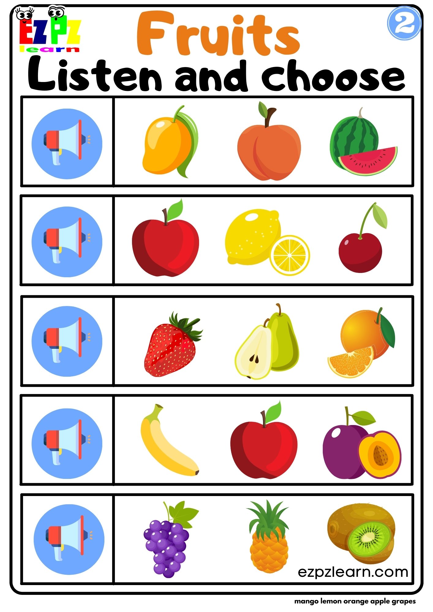 Interactive Fruits Worksheet Listen and Choose the Correct Images ...