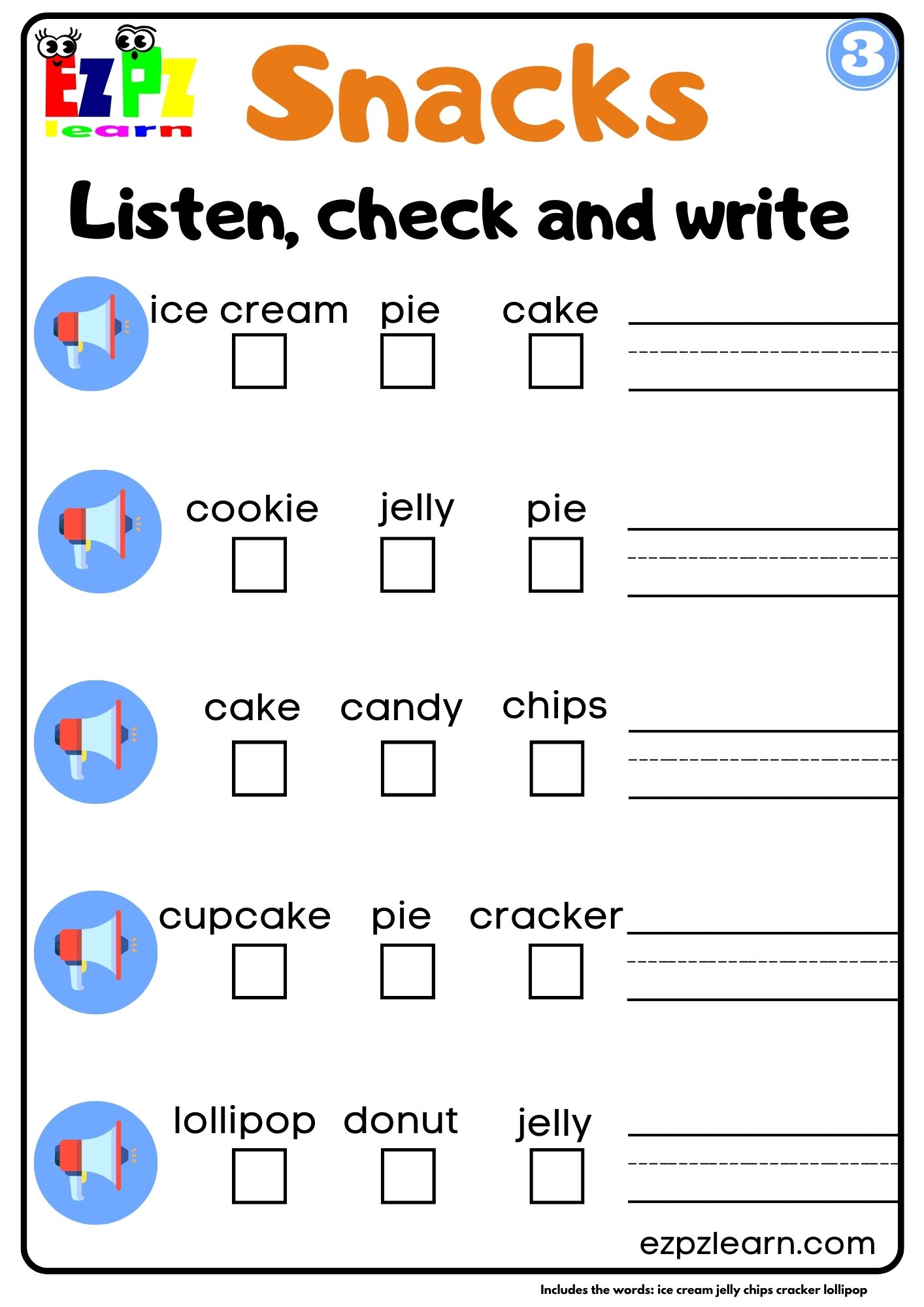 Interactive Snacks Worksheet Listen, Check and Write Activity for K3 ...