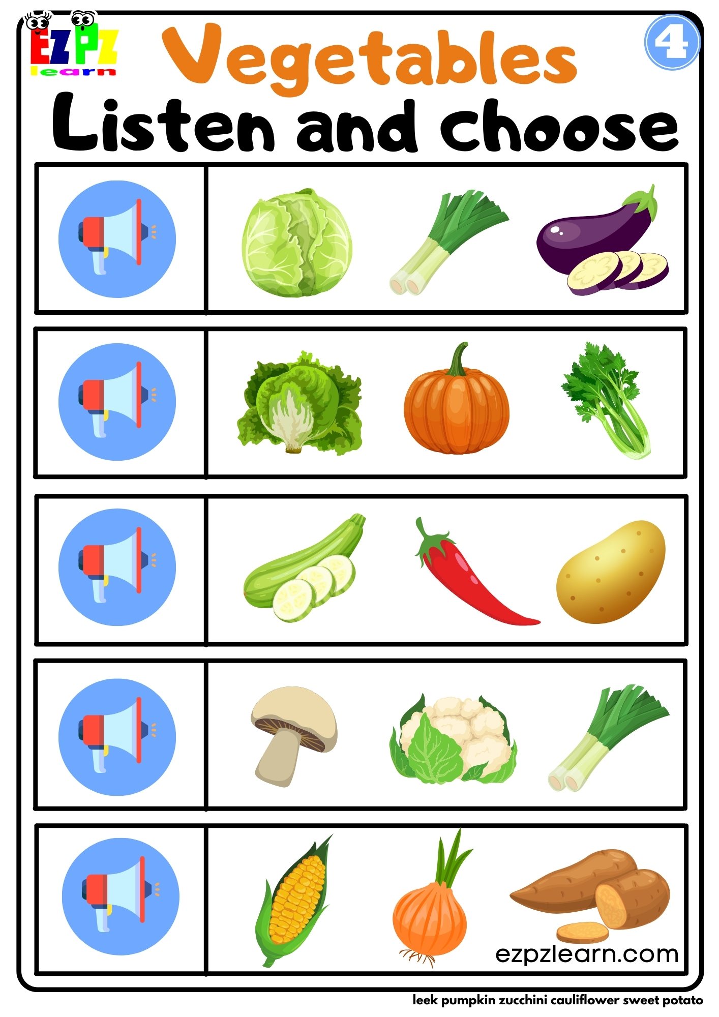 Interactive Worksheet for Vegetables Listen and Choose the Correct ...