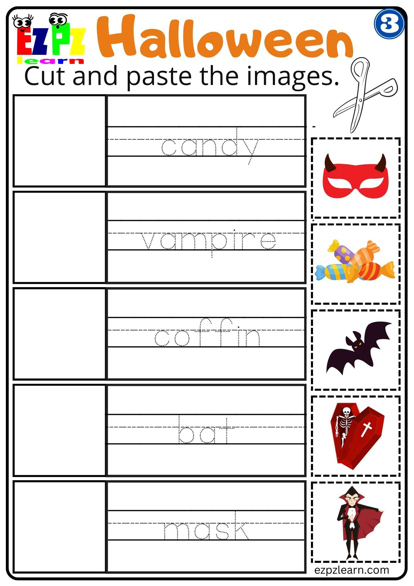 Group 3 Halloween Vocabulary Cut and Paste Worksheet for Kids PDF ...