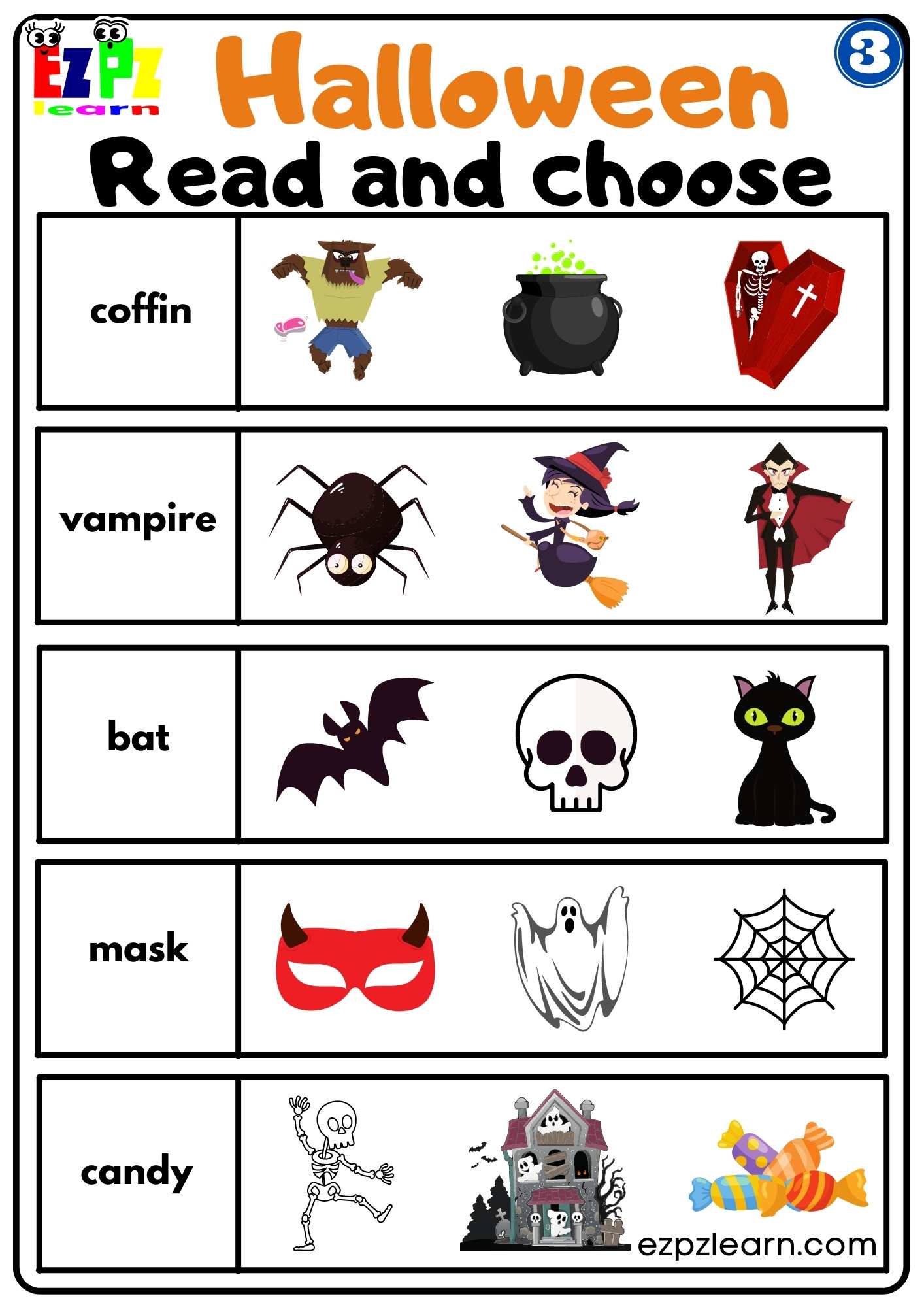 Group 3 Halloween Vocabulary Read and Choose Worksheet for Kids PDF ...