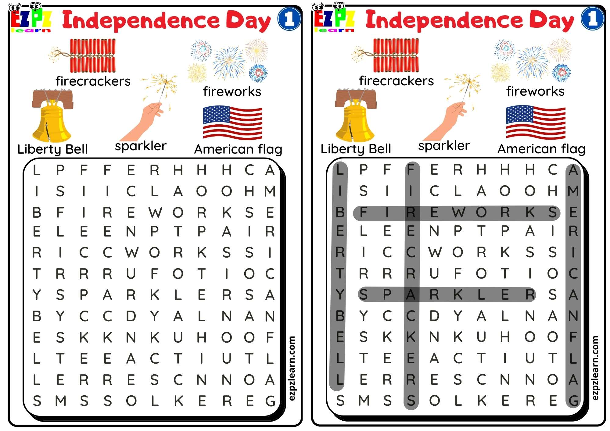 Word Search for Independence Day Group 1 - Ezpzlearn.com