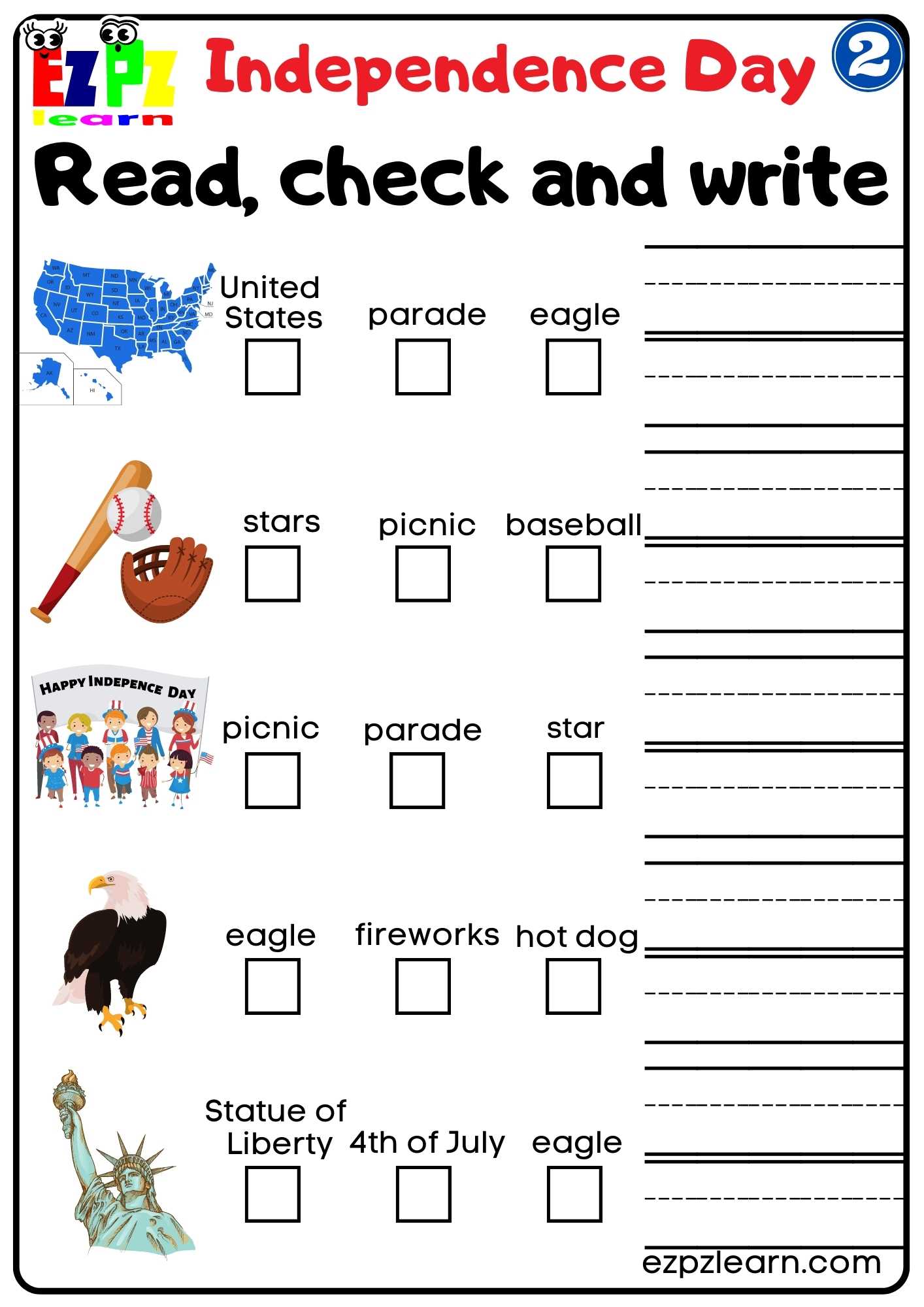 Read Check and Write Worksheet for Independence Day Group 2 - Ezpzlearn.com