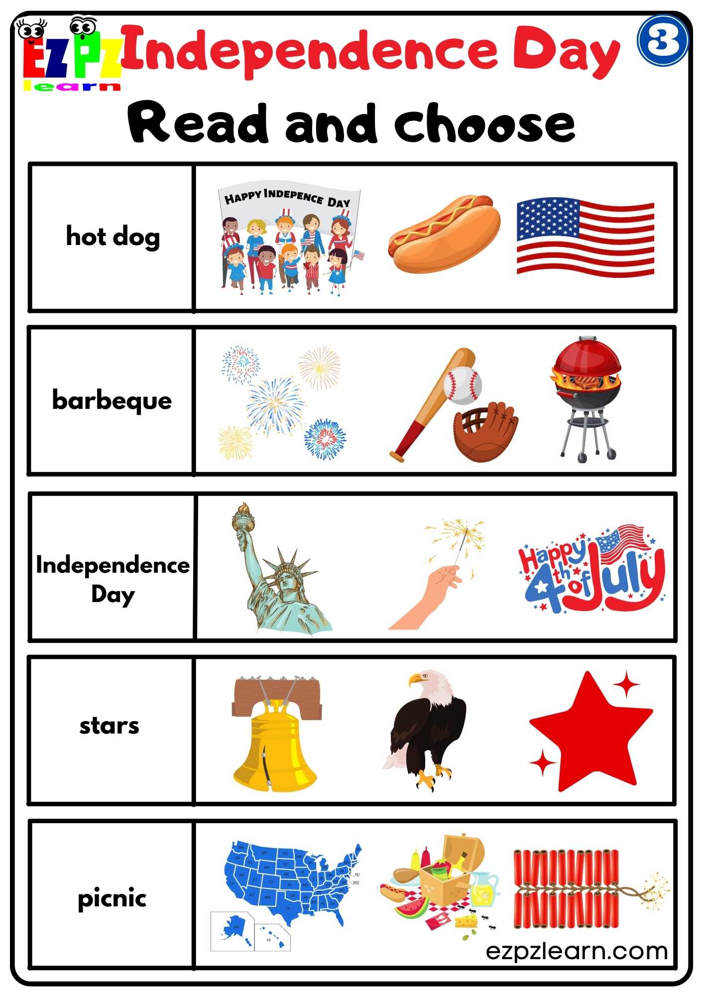 Read and Choose Worksheet for Independence Day Group 3 - Ezpzlearn.com