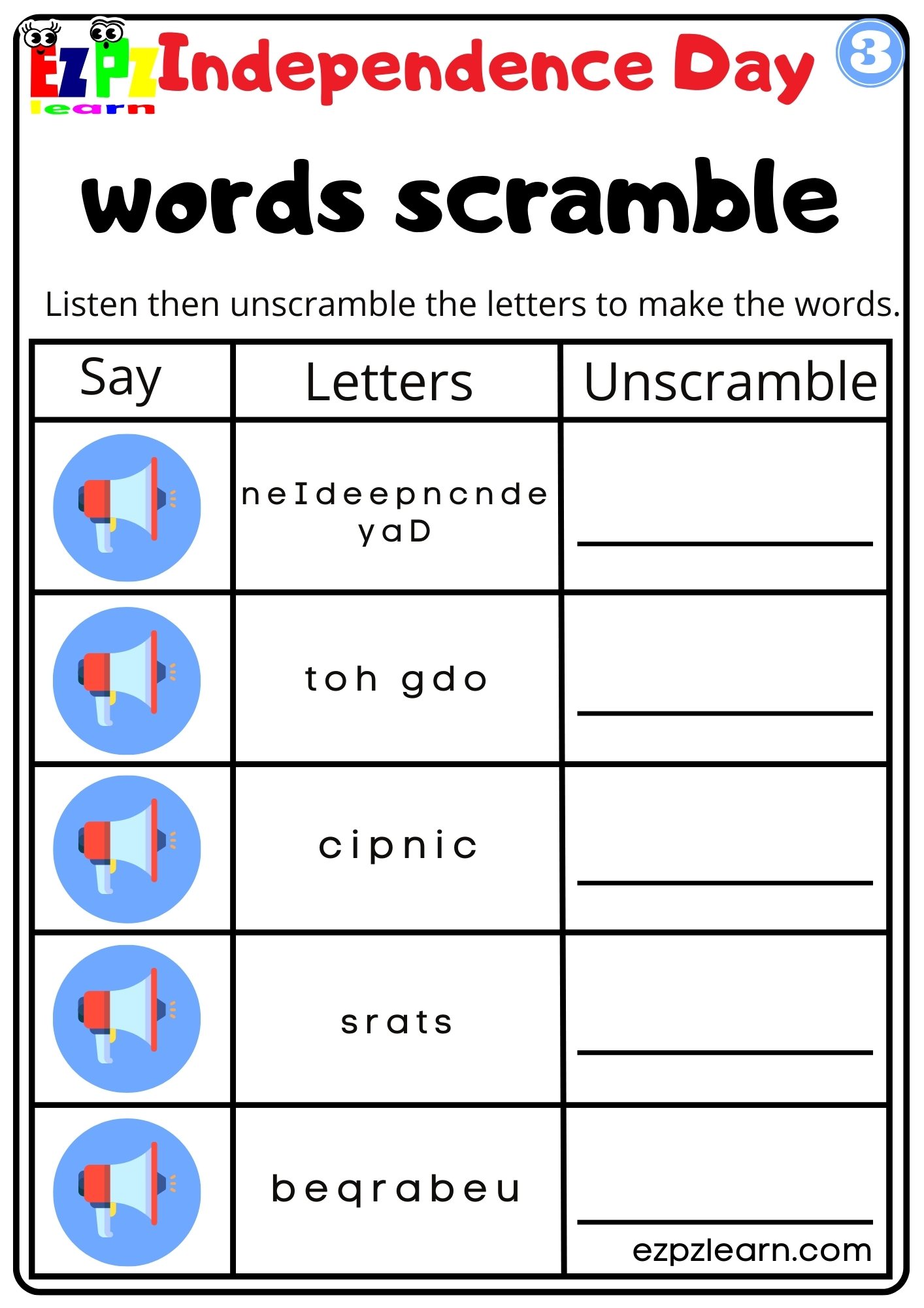 Independence Day Vocabulary Interactive Worksheet Listen, Unscramble ...