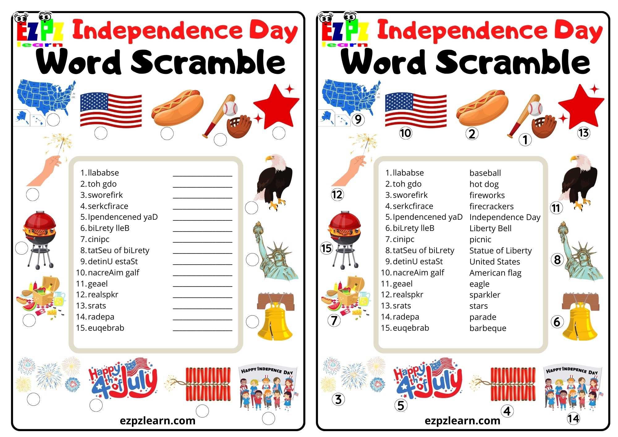 Independence Day hard word scramble - Ezpzlearn.com