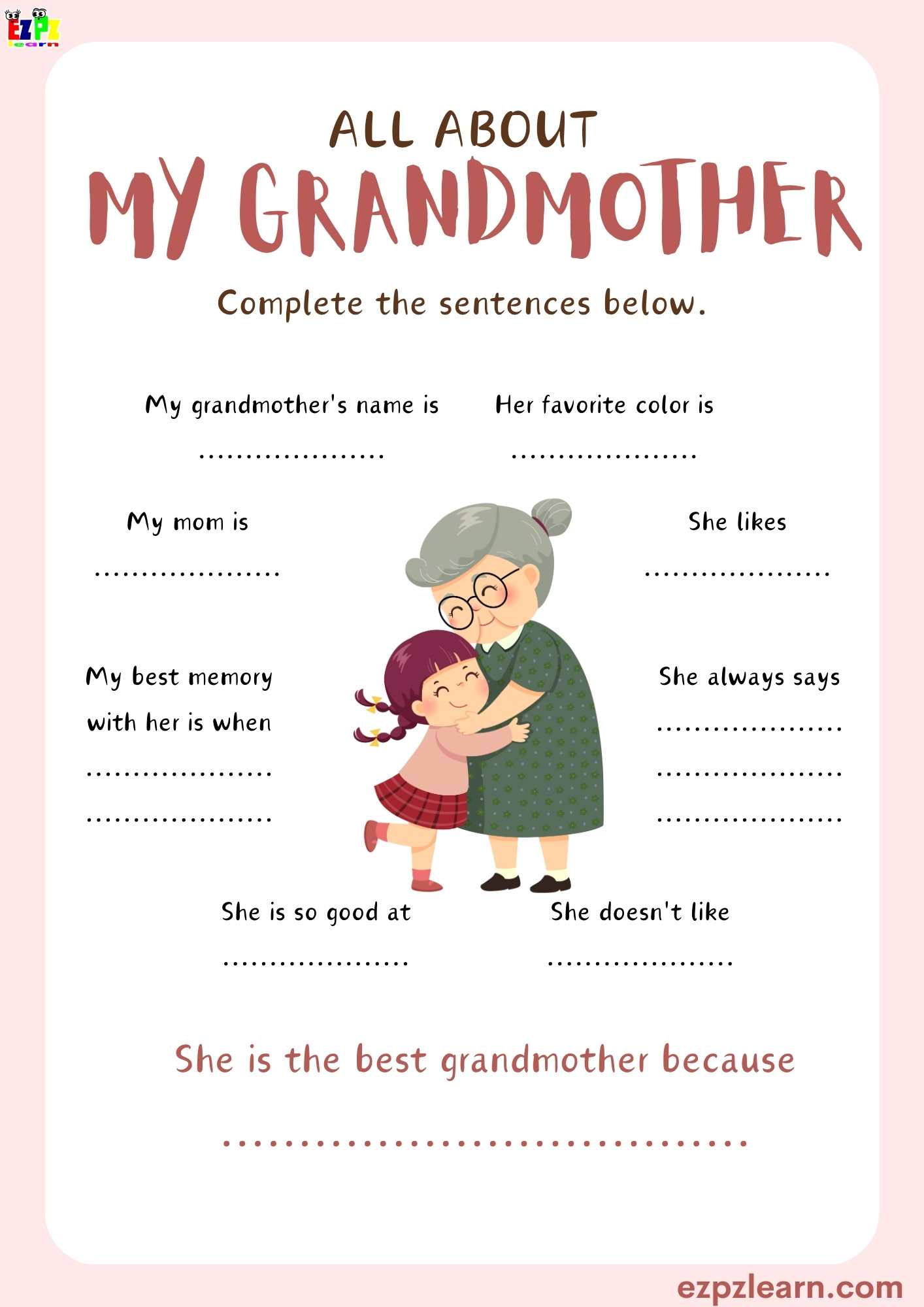 All About My Grandmother Writing Activity - Ezpzlearn.com
