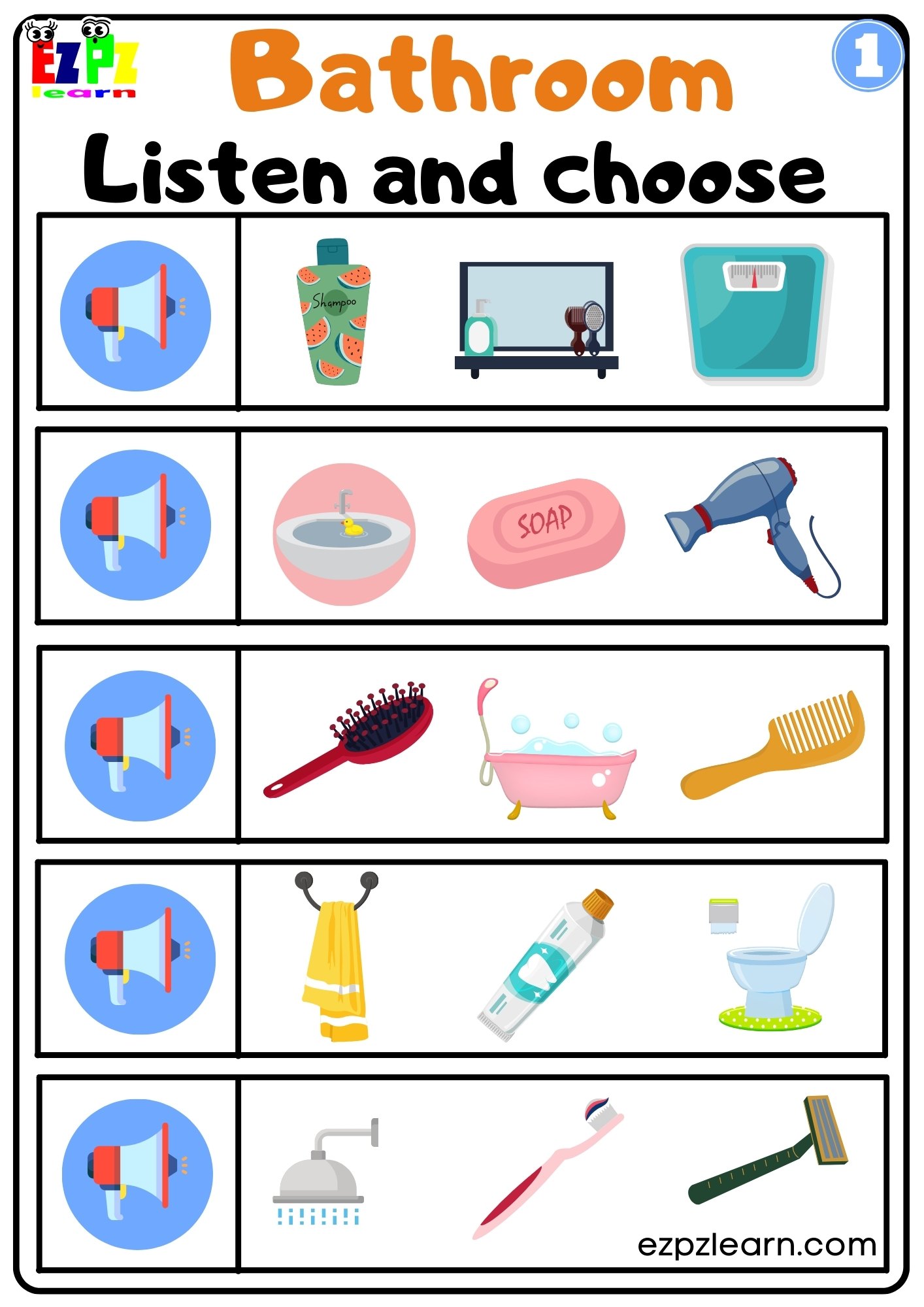 Bathroom Interactive Vocabulary Worksheet Listen and Choose the Correct ...