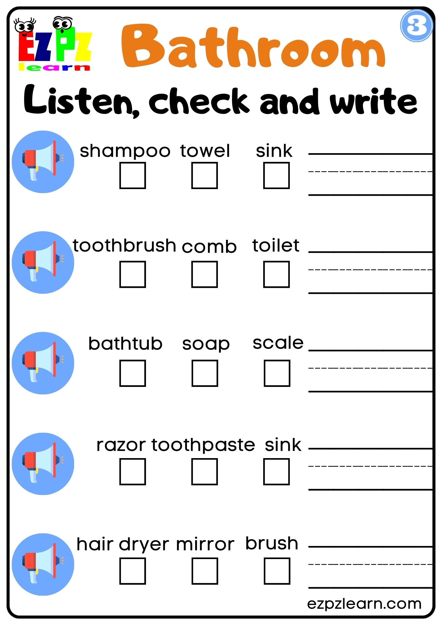 Bathroom Interactive Vocabulary Worksheet Listen, Check and Write the ...