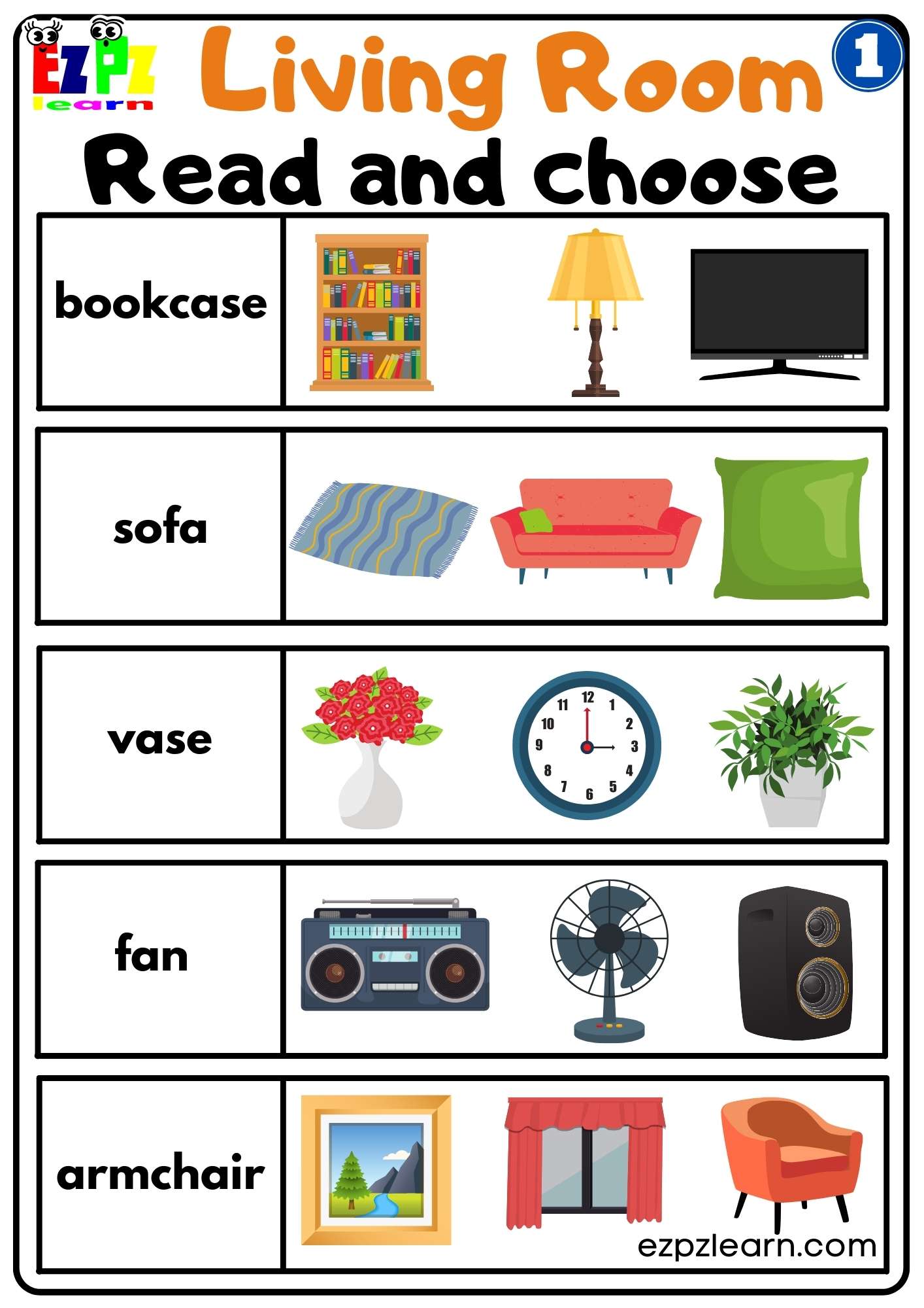 G1 Living Room Read and Choose Worksheet for Parents and Teachers Free ...