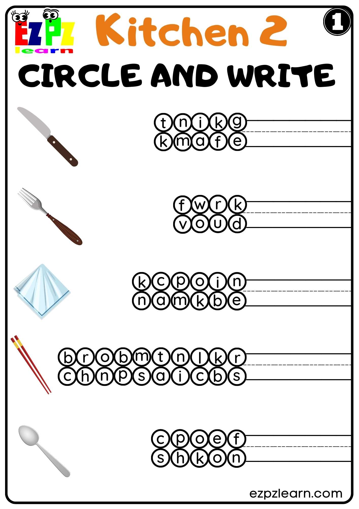 Kitchen Utensils Circle and Write Worksheet for ESL and Homeschool ...