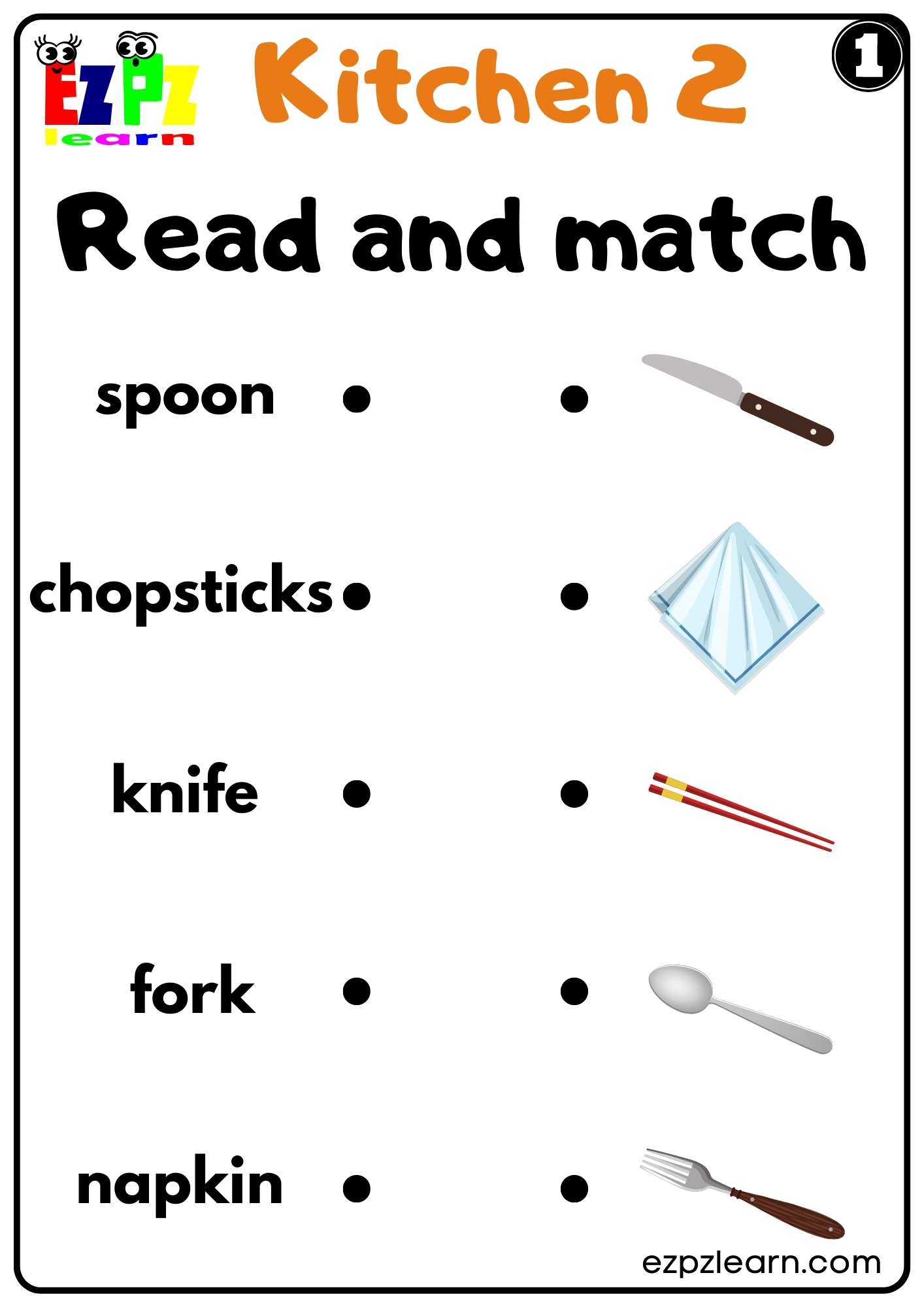 Kitchen Utensils Read and Match Worksheet for ESL and Homeschool ...