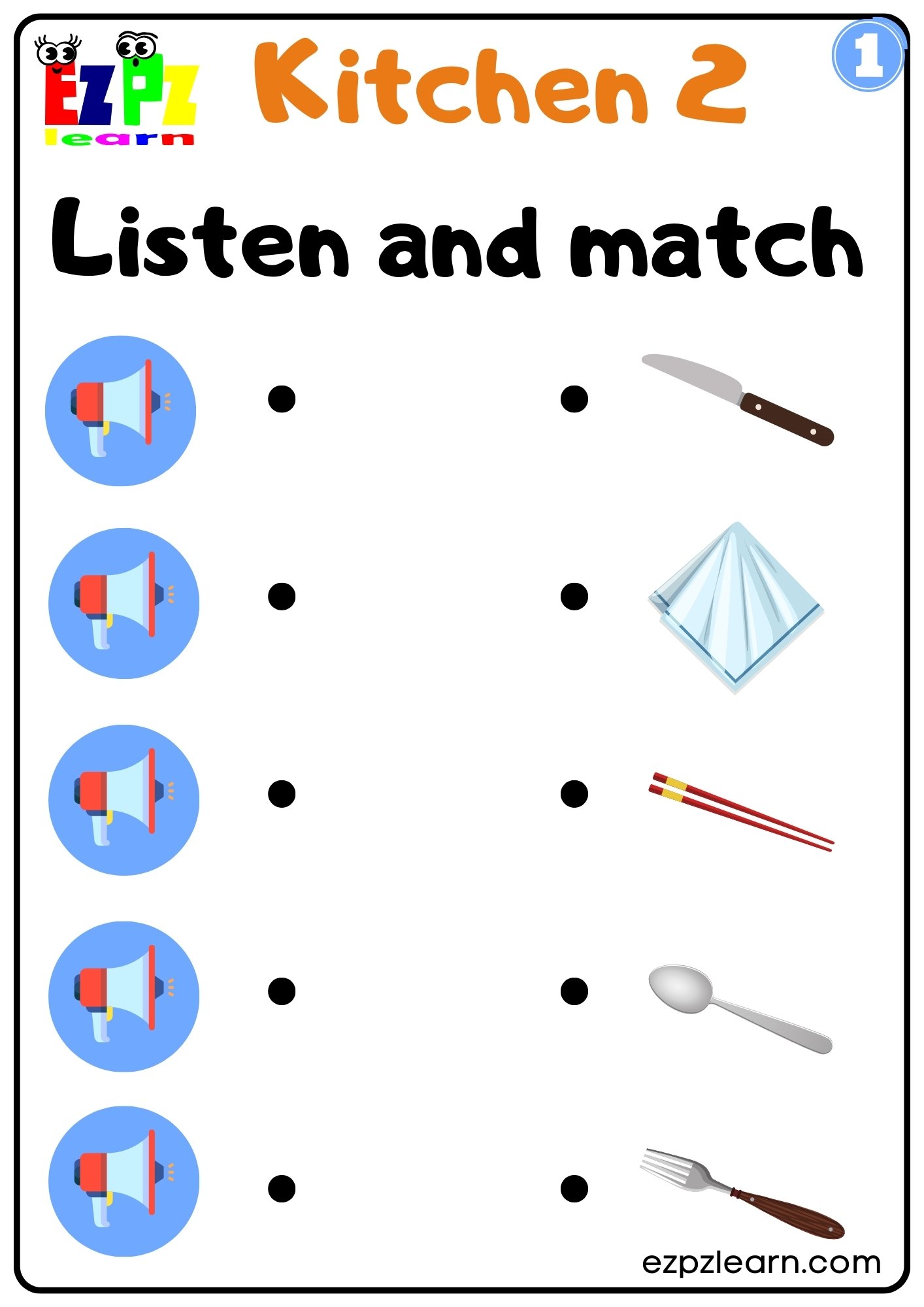 Kitchen Objects Vocabulary Interactive Worksheet Listen and Match the ...