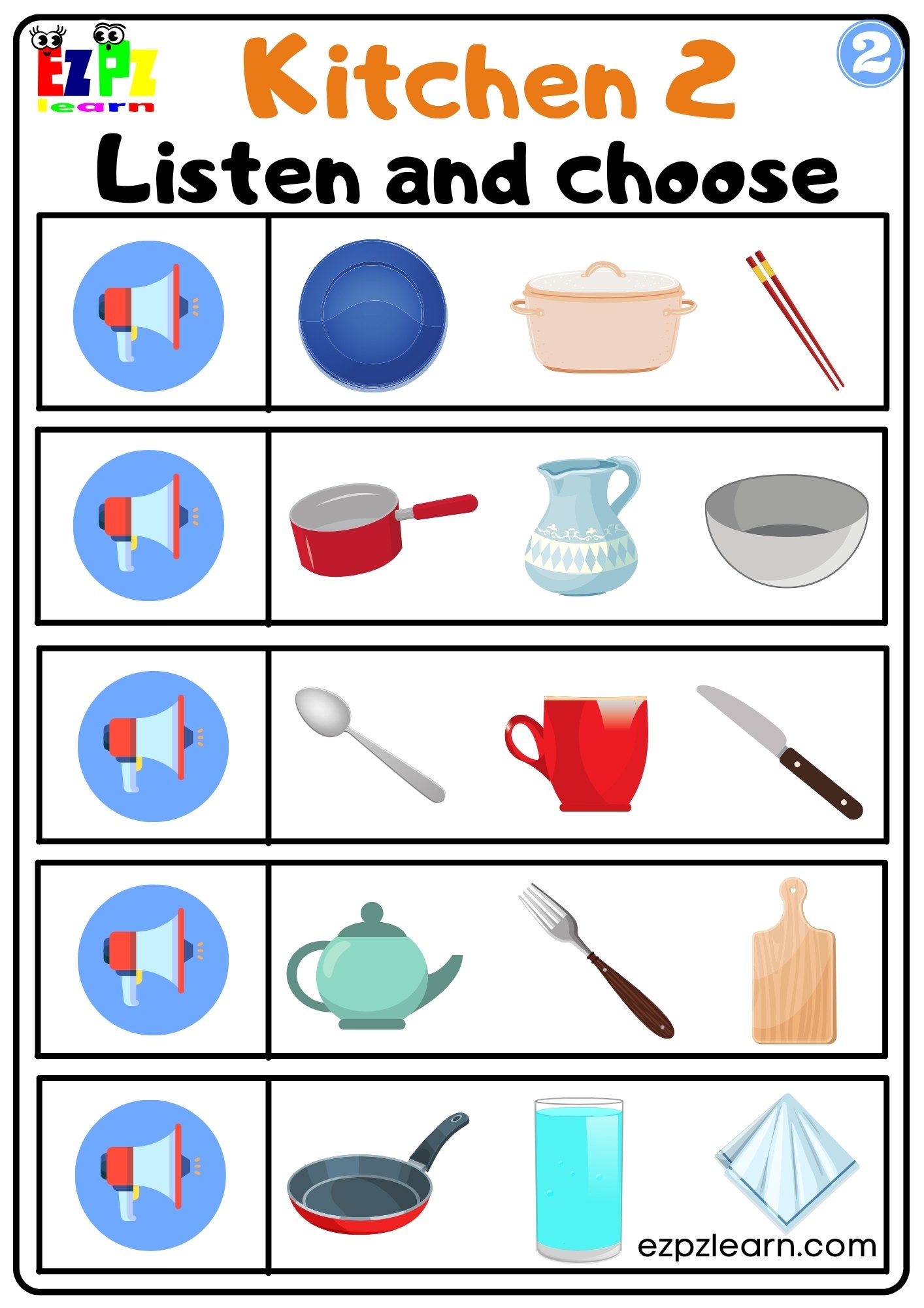 Kitchen Objects Vocabulary Interactive Worksheet Listen and Choose the ...