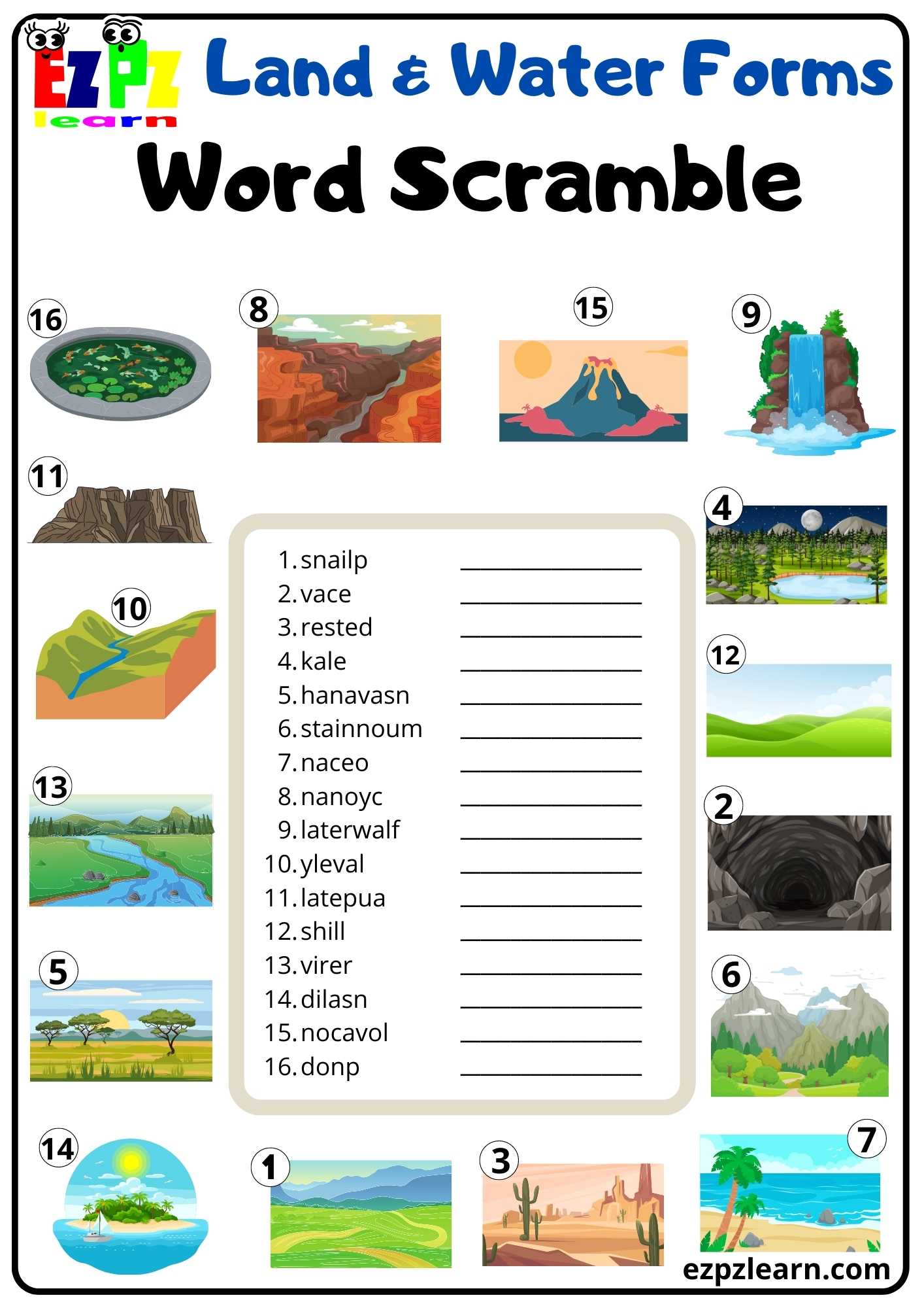 Land and Water Forms Word Scramble Free PDF download - Ezpzlearn.com