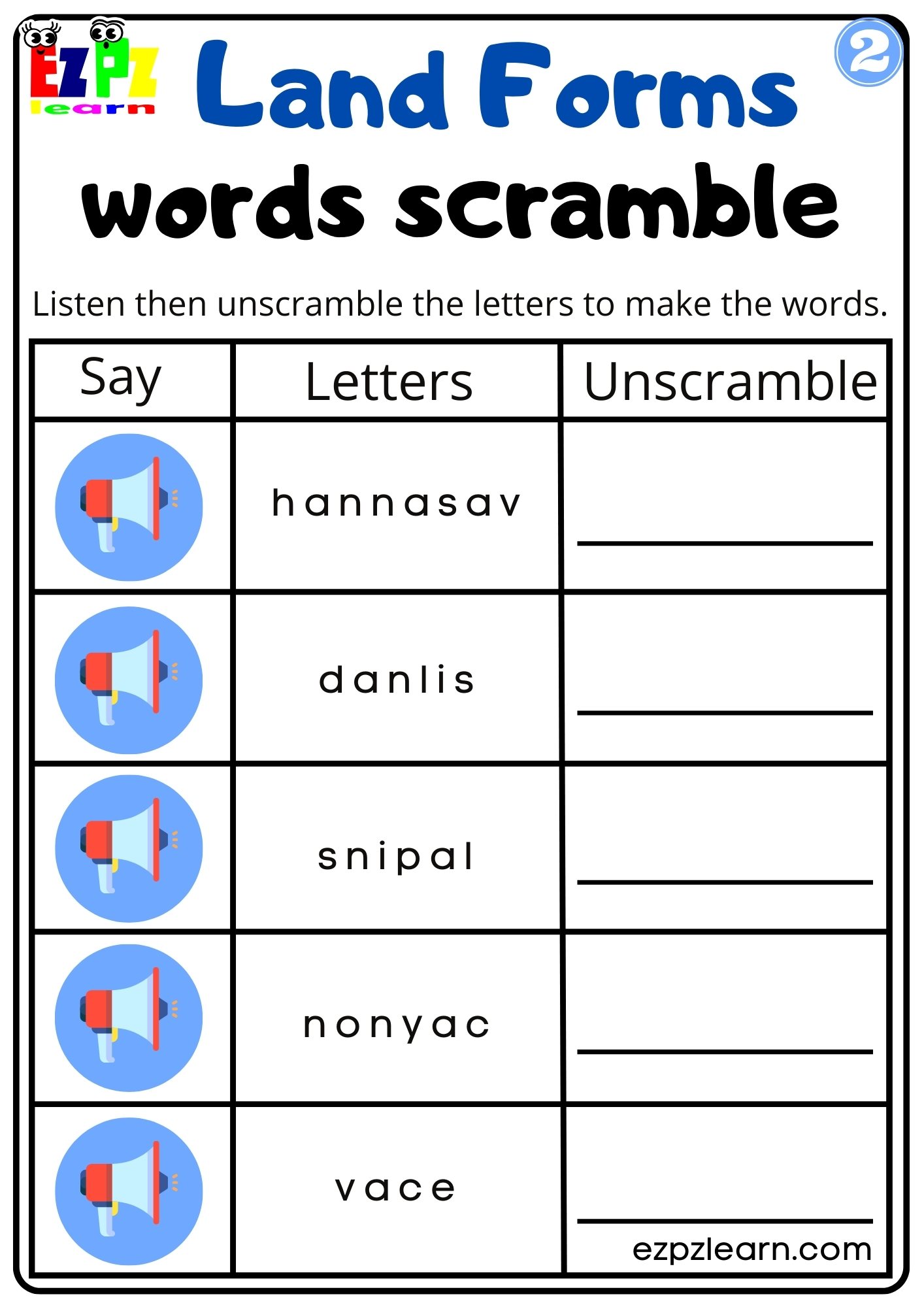 Land Forms Vocabulary Interactive Worksheet Listen, Unscramble and ...