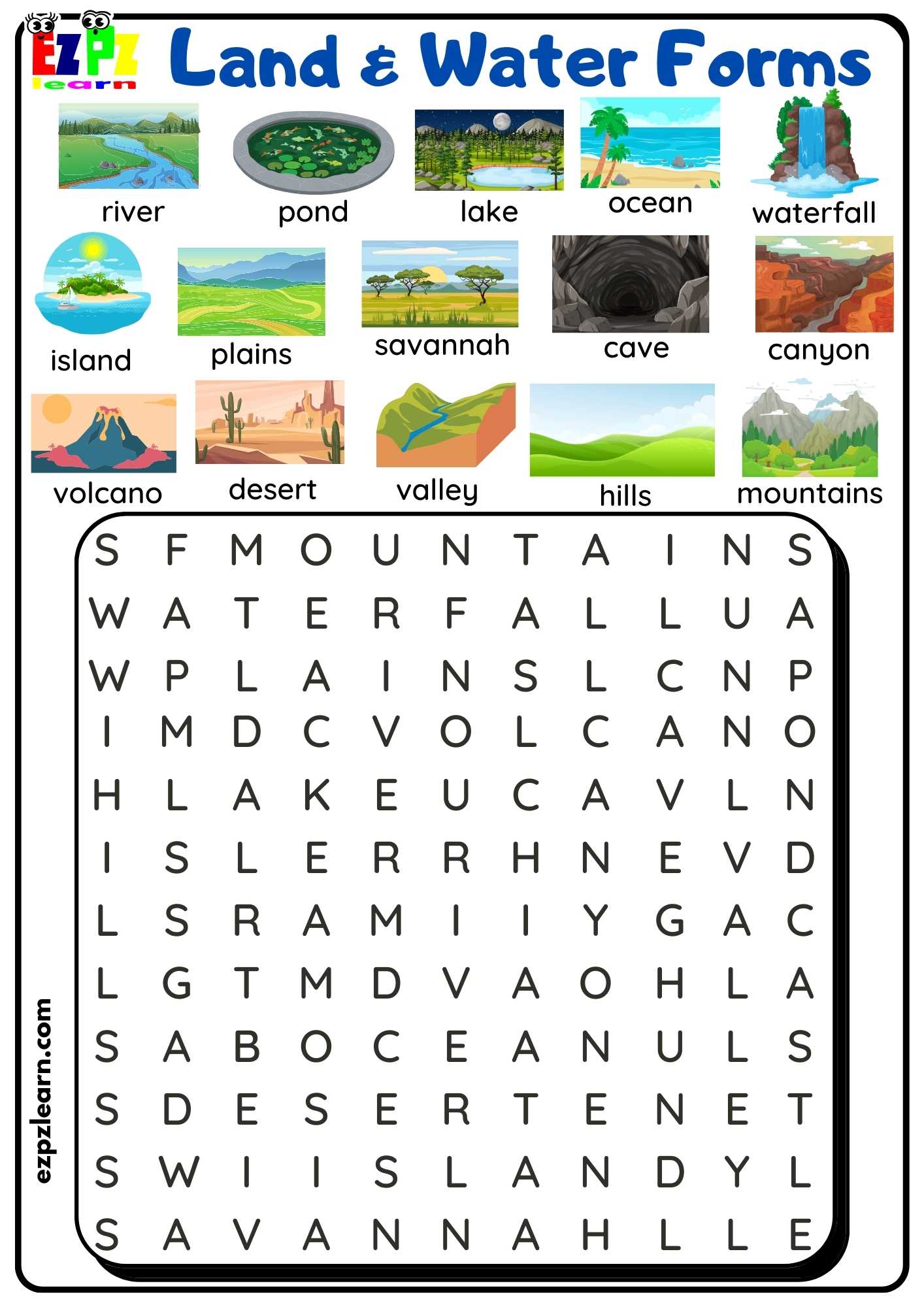 Land and Water Forms - Ezpzlearn.com