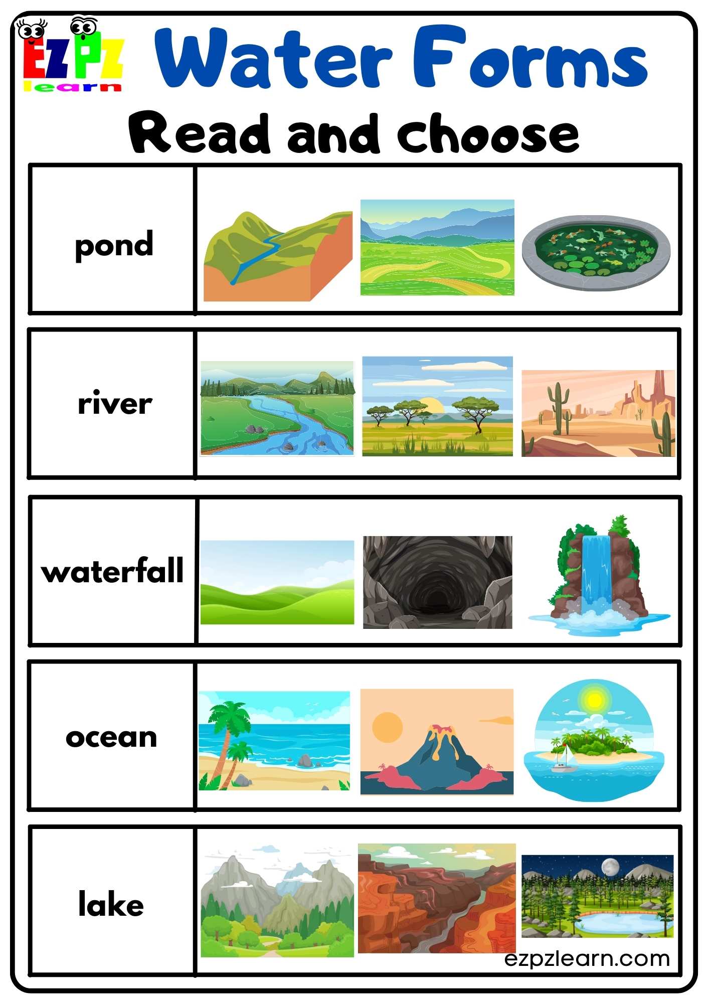 Water Forms Read and Choose Activity Free PDF download - Ezpzlearn.com