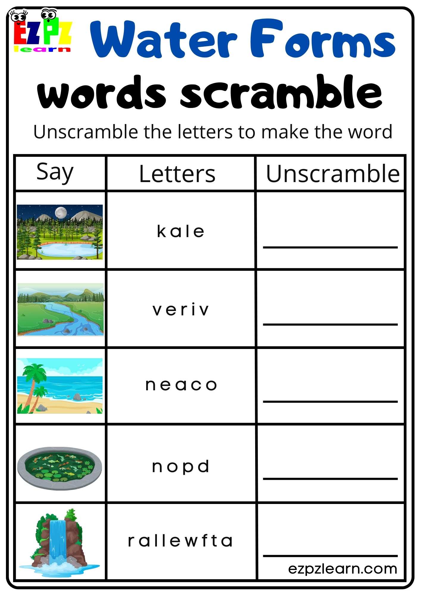 Water Forms Word Scramble Activity Free PDF download - Ezpzlearn.com