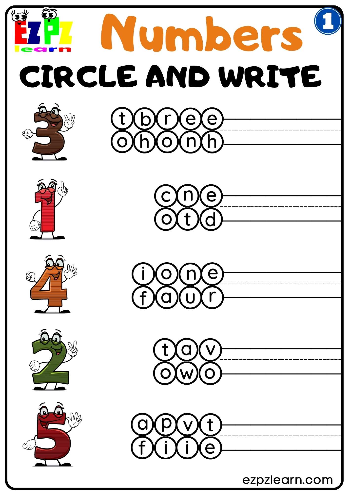 G1 Numbers Circle and Write Worksheet for Kindergarten K5 and ESL ...