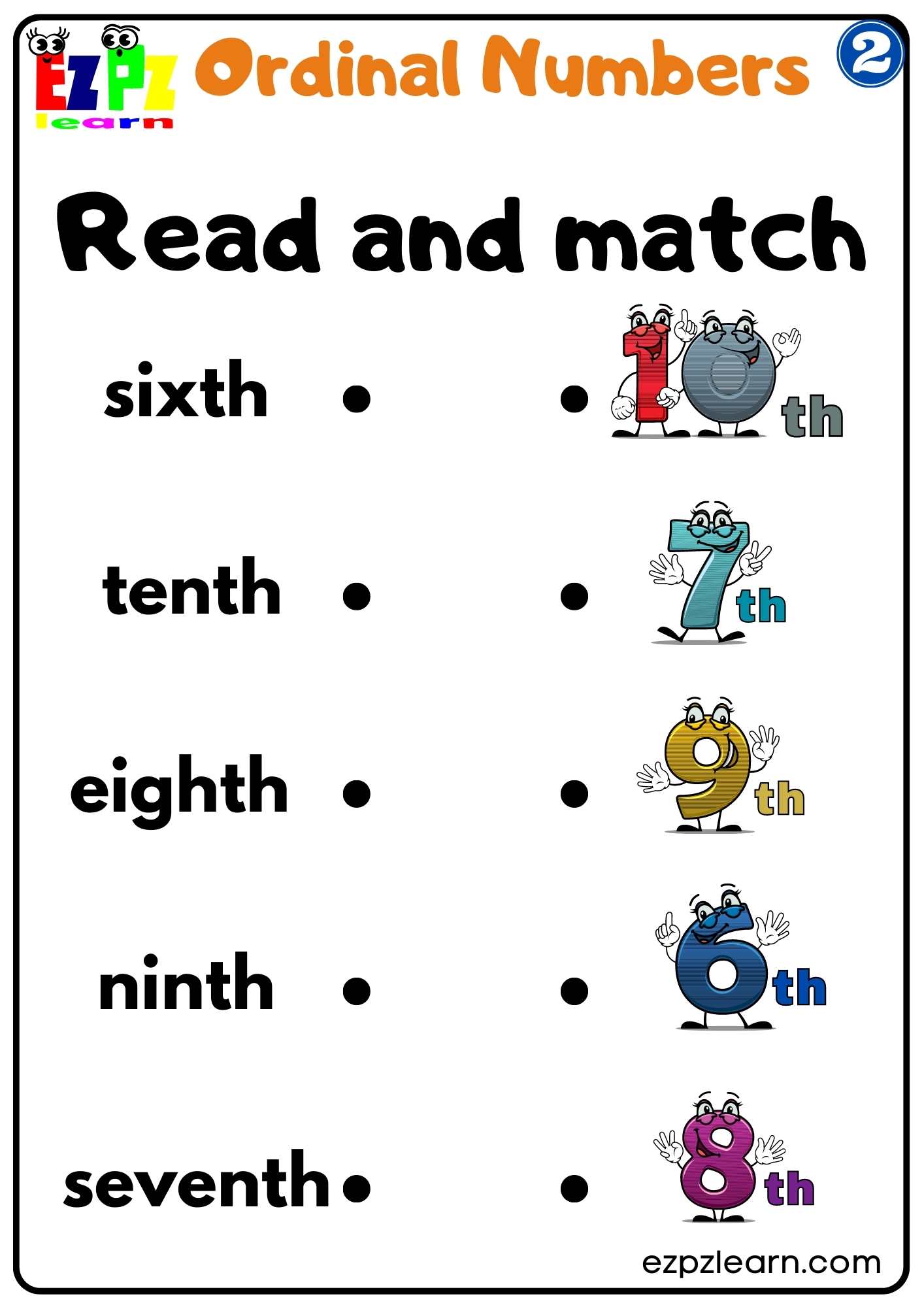 Group 2 Ordinal Numbers Read and Match Worksheet - Ezpzlearn.com