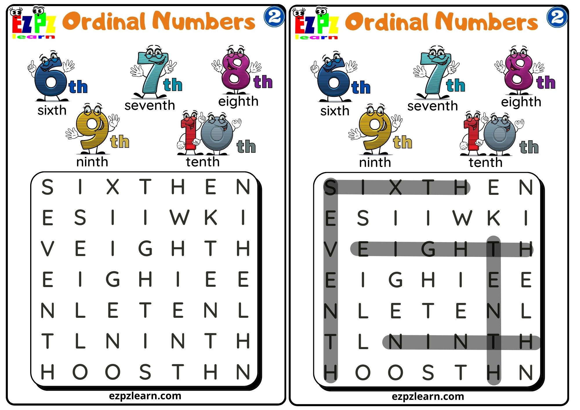 Group 2 Ordinal Numbers Word Search - Ezpzlearn.com