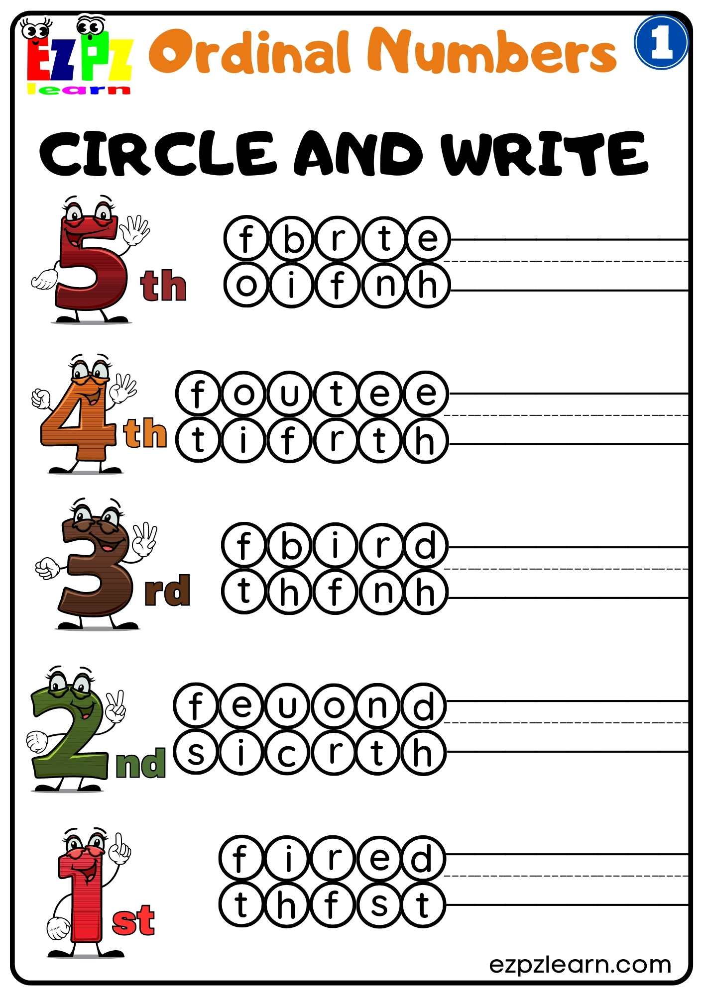 Ordinal Numbers Circle and Write Number 1 - Ezpzlearn.com