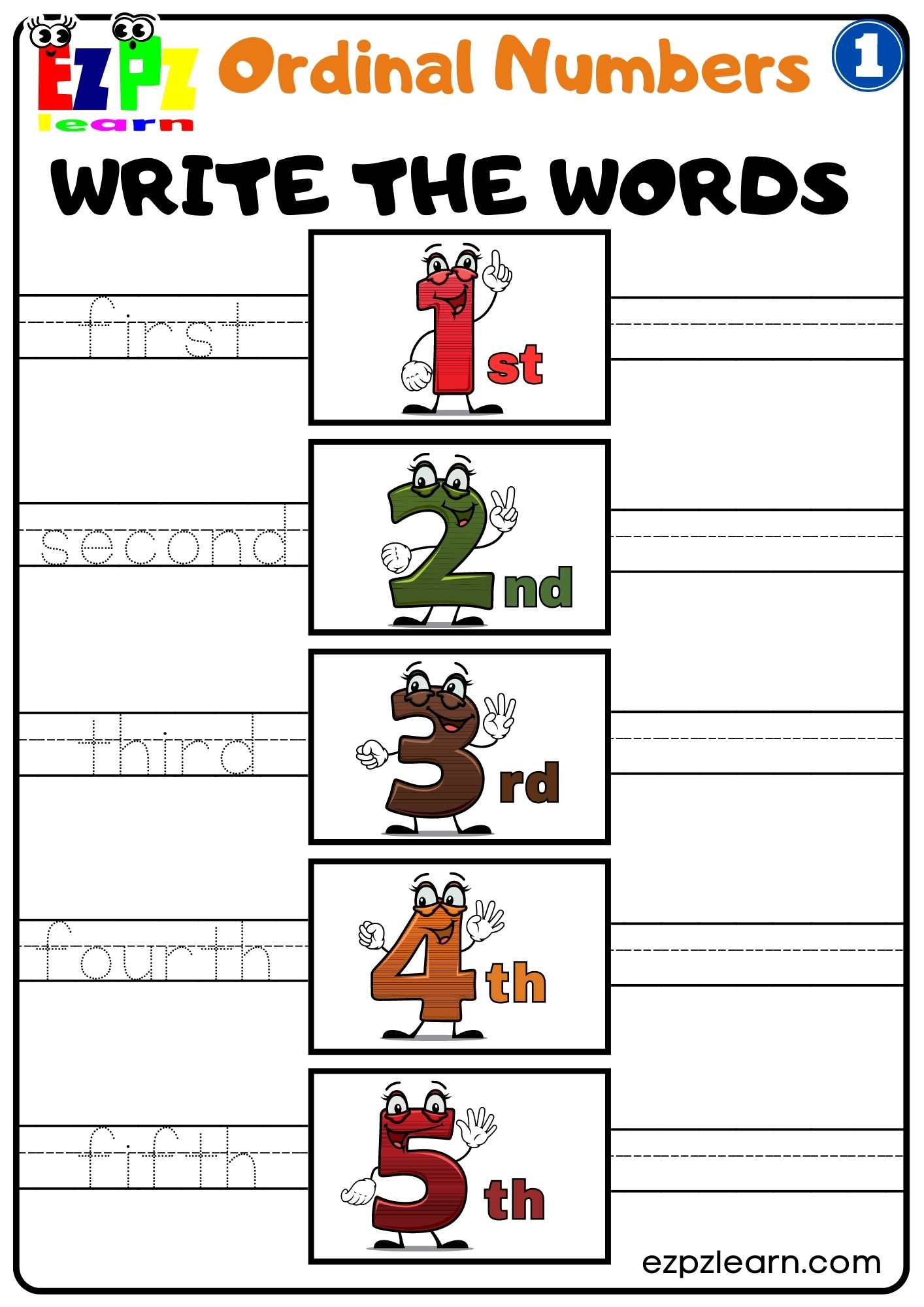 Ordinal Numbers Write the Words 1 - Ezpzlearn.com