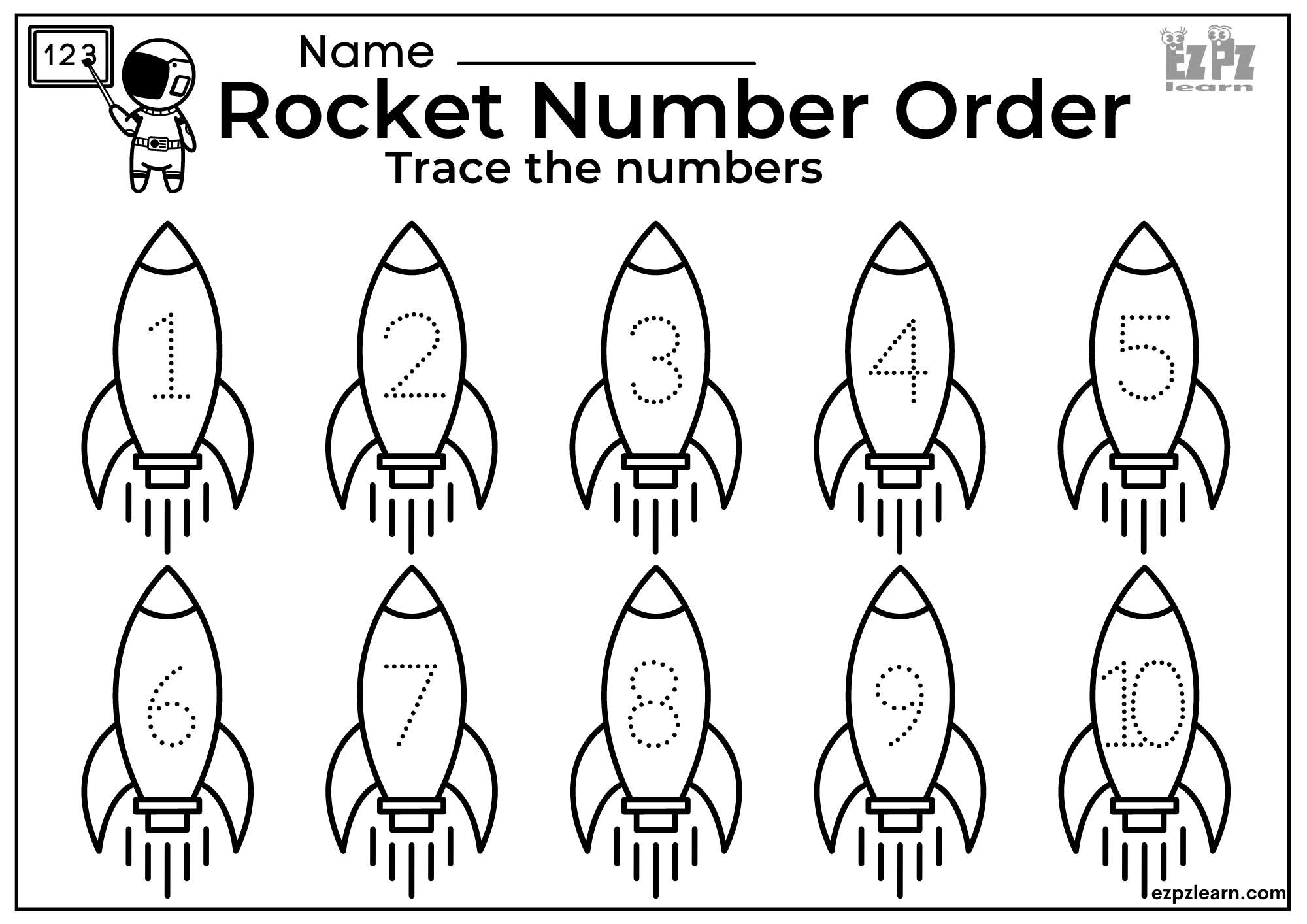 Rocket Number Order Trace to Ten - Ezpzlearn.com