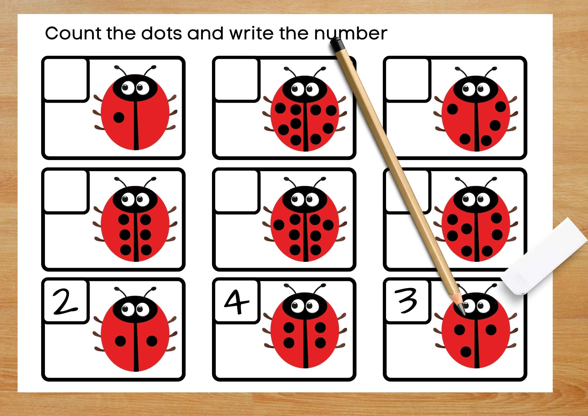 Ladybug Count the Dots and Write the Number - Ezpzlearn.com