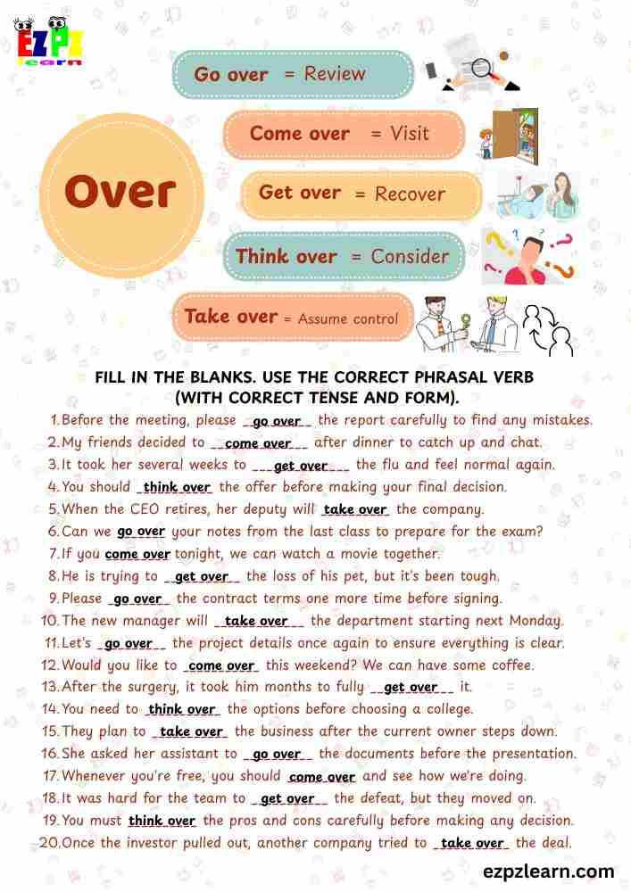 Phrasal Verb “Over” Worksheet – 20 Sentences | ESL Grammar Practice ...