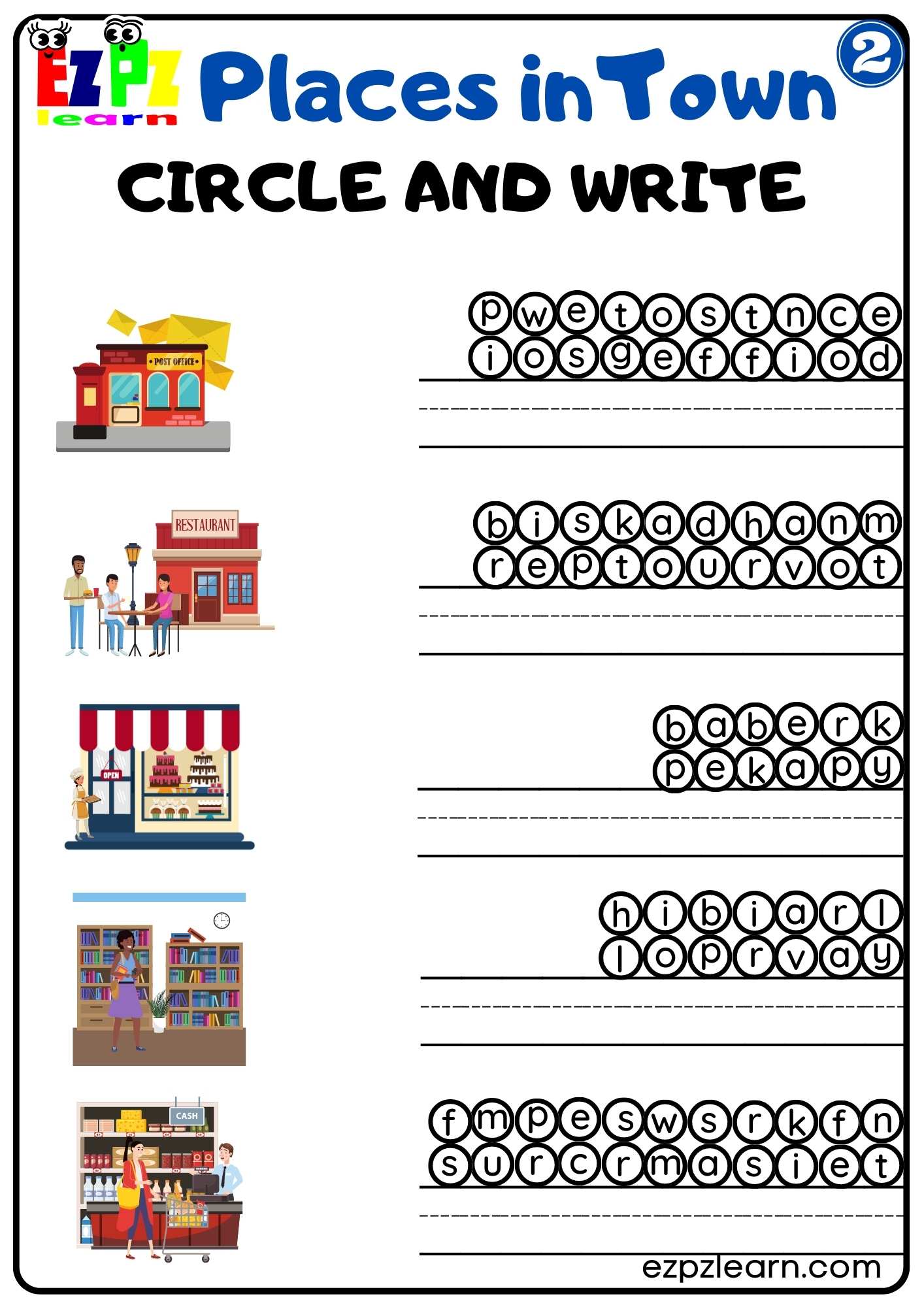 Places in Town Easy Circle and Write Worksheet Free Download for ...