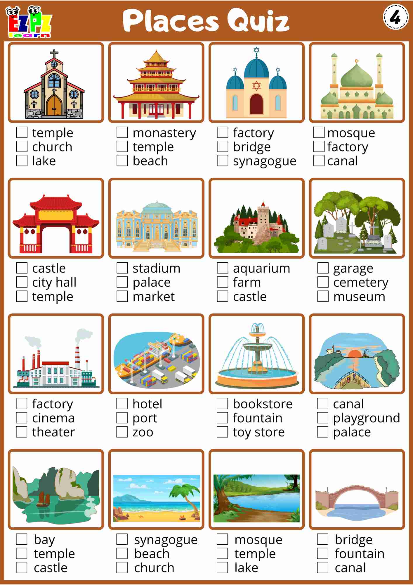 Places in the City – Tick the Correct Word Quiz Free PDF Worksheet for ...