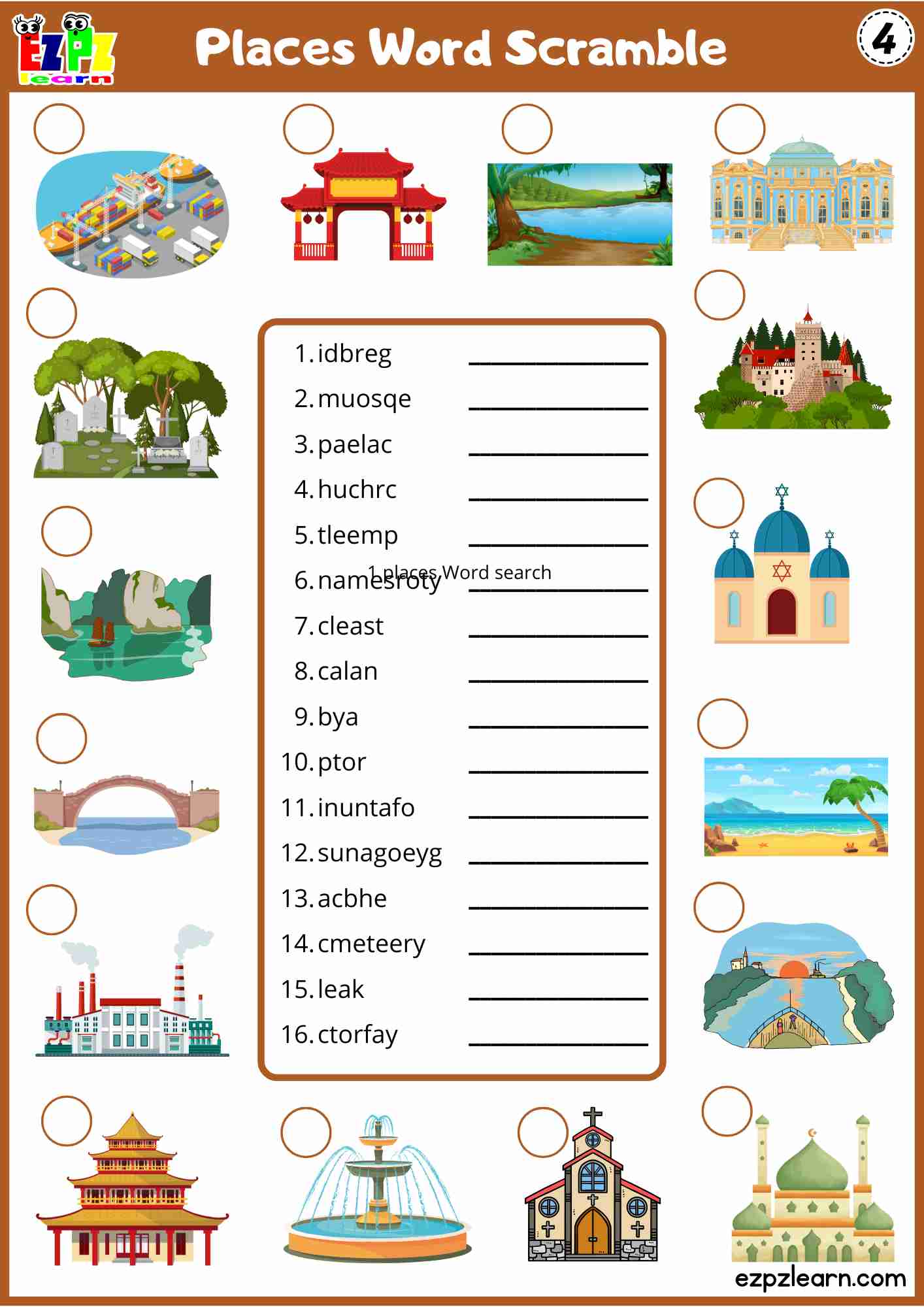 Places Set 1 Word Scramble - Ezpzlearn.com