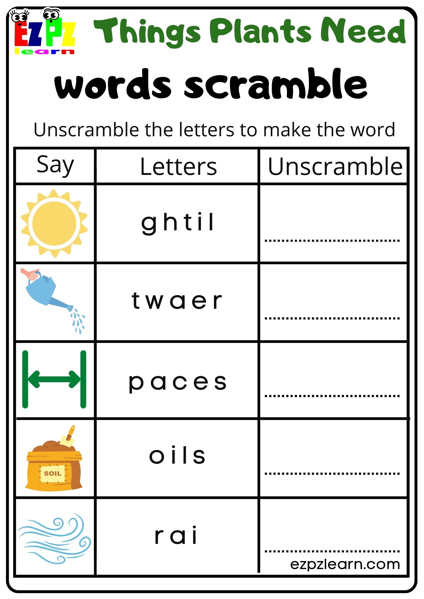 Things Plants Need Vocabulary Worksheet Word Scramble Activity for ...