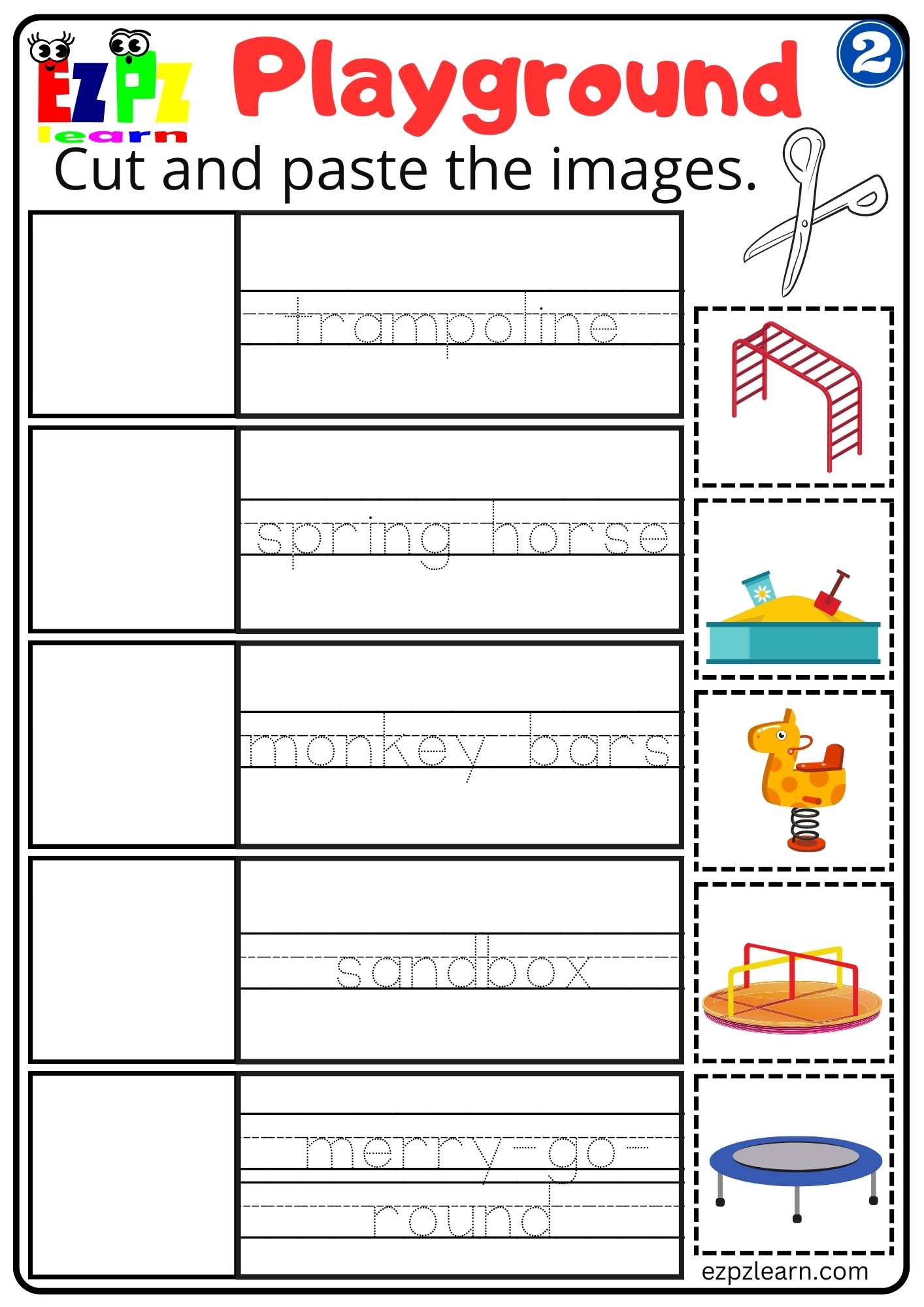 Playground Vocabulary 2 Cut and Paste Worksheet for Kindergarten and ...