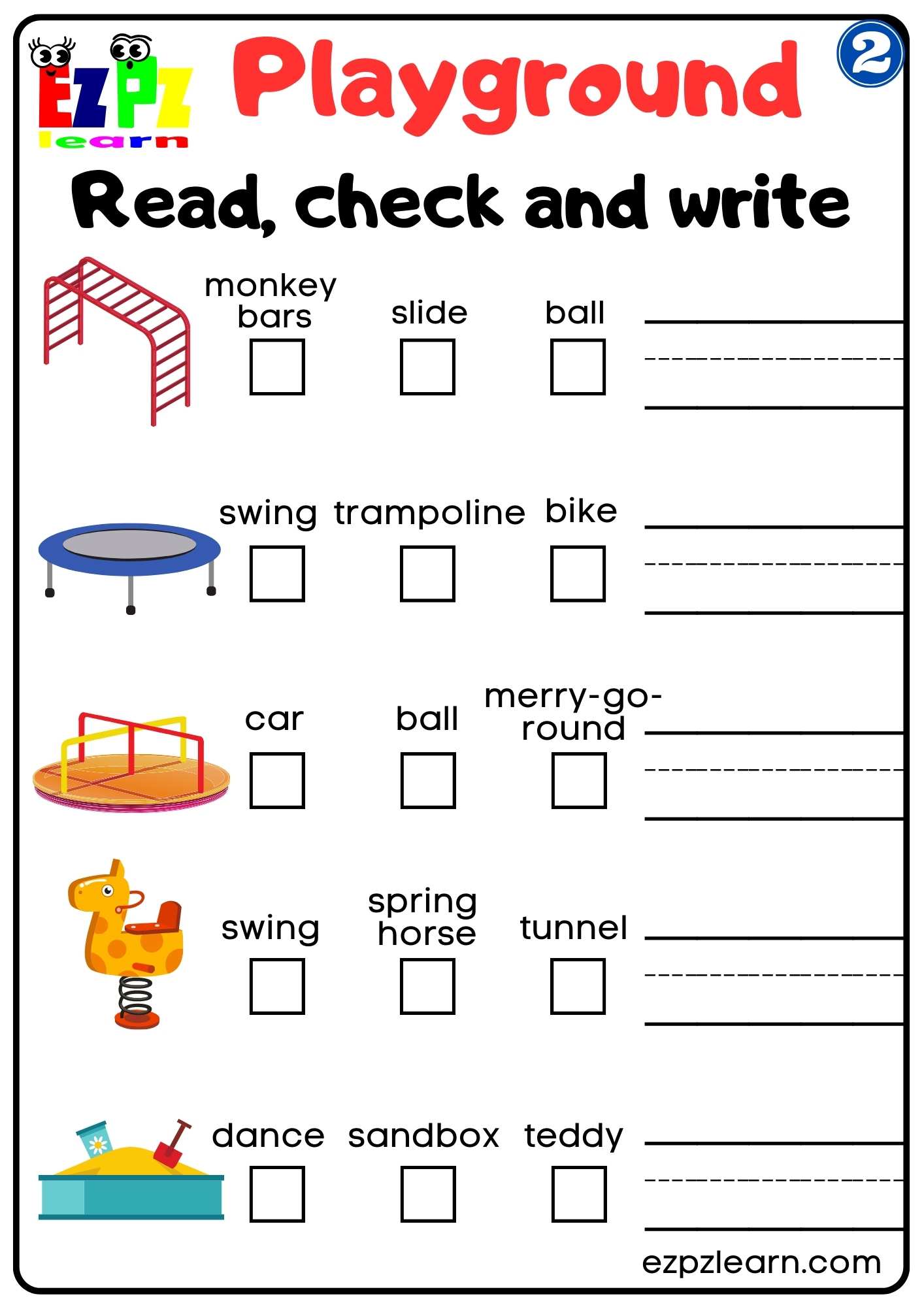 Playground Vocabulary 2 Read Check and Write Worksheet for Kindergarten ...