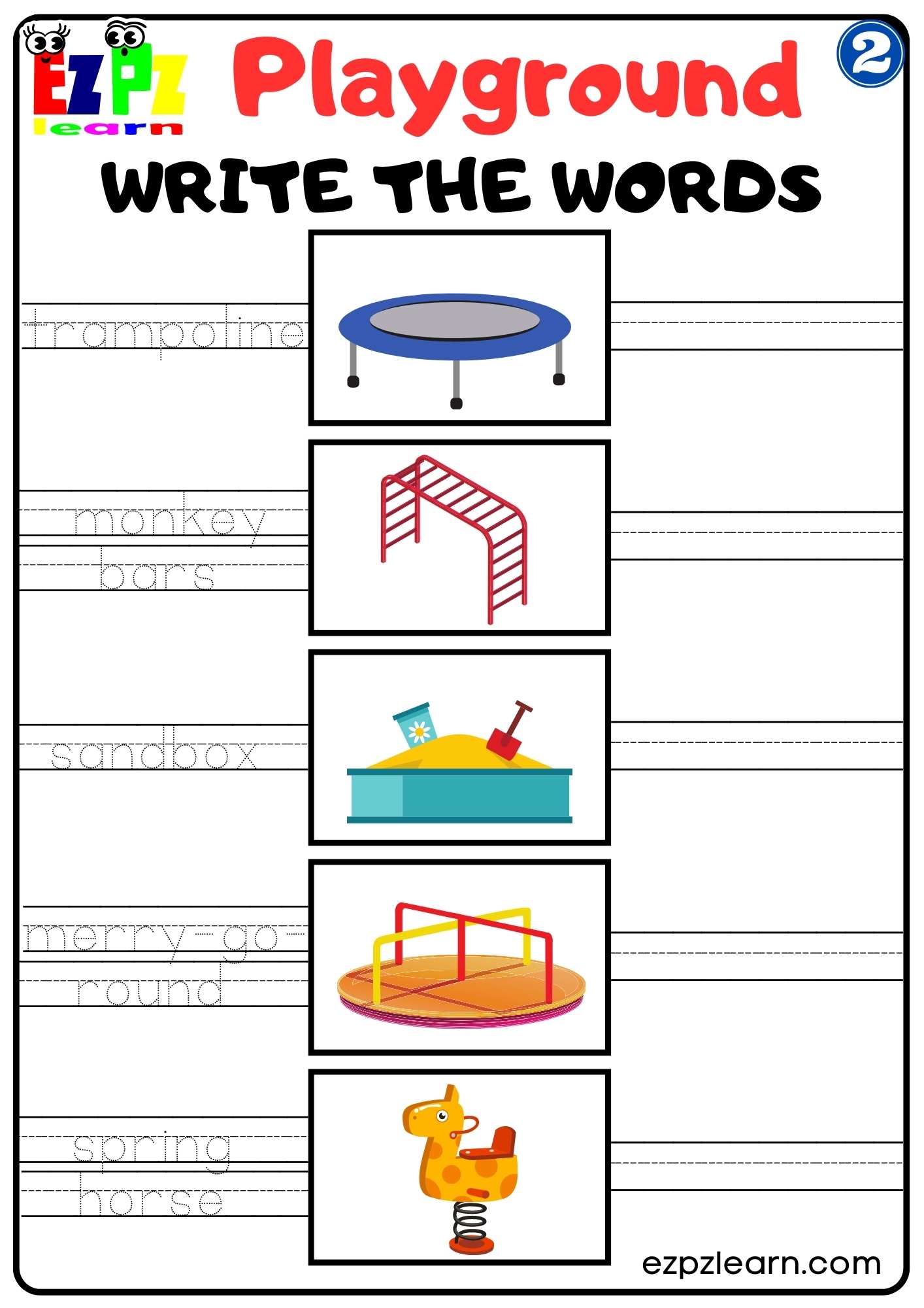 Playground Vocabulary 2 Write the Words Worksheet for Kindergarten and ...