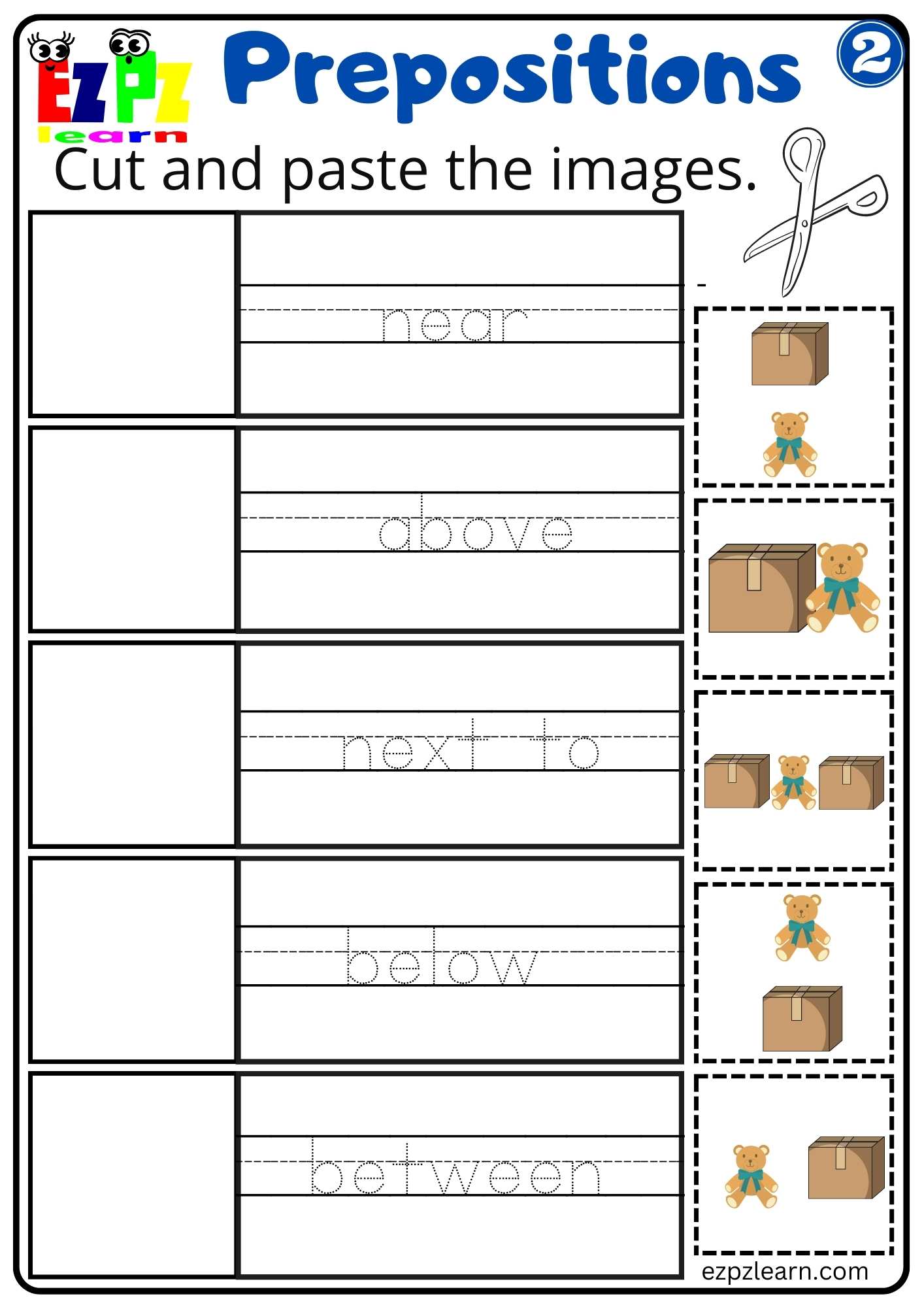 Prepositions of Place Cut and Paste Worksheet for Kindergarten and ESL ...