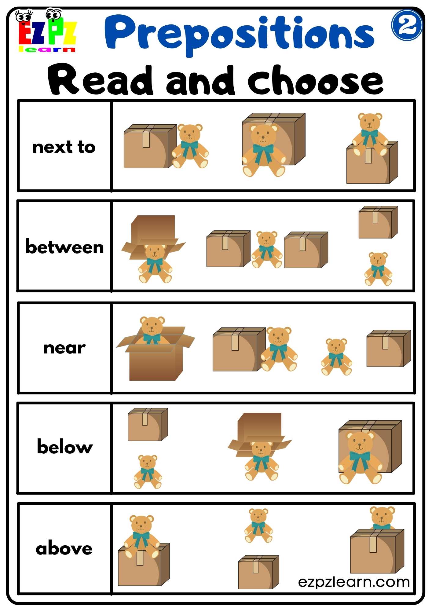 Prepositions of Place Read and Choose Worksheet for Kindergarten and ...