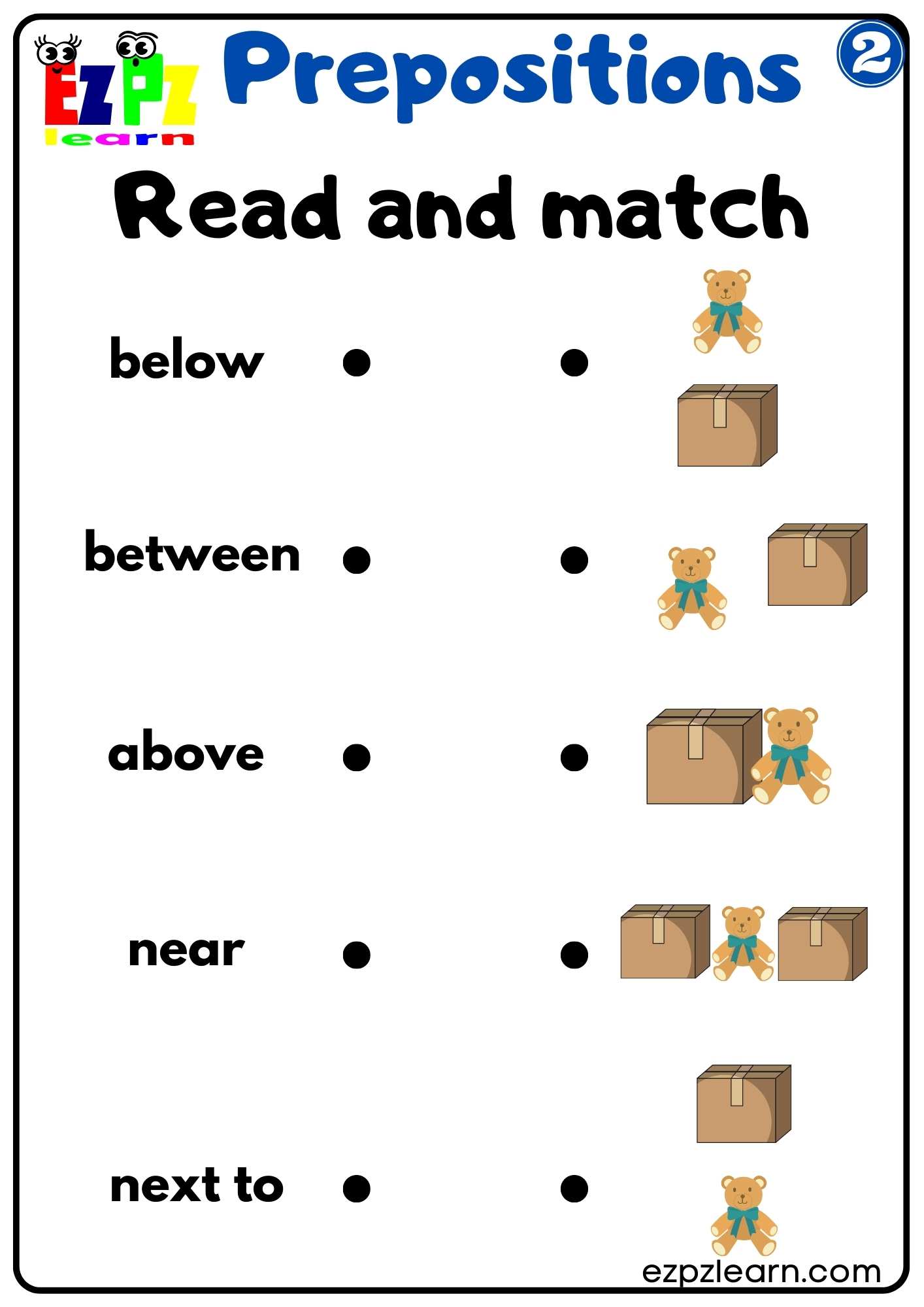 Prepositions of Place Read and Match Worksheet for Kindergarten and ESL ...